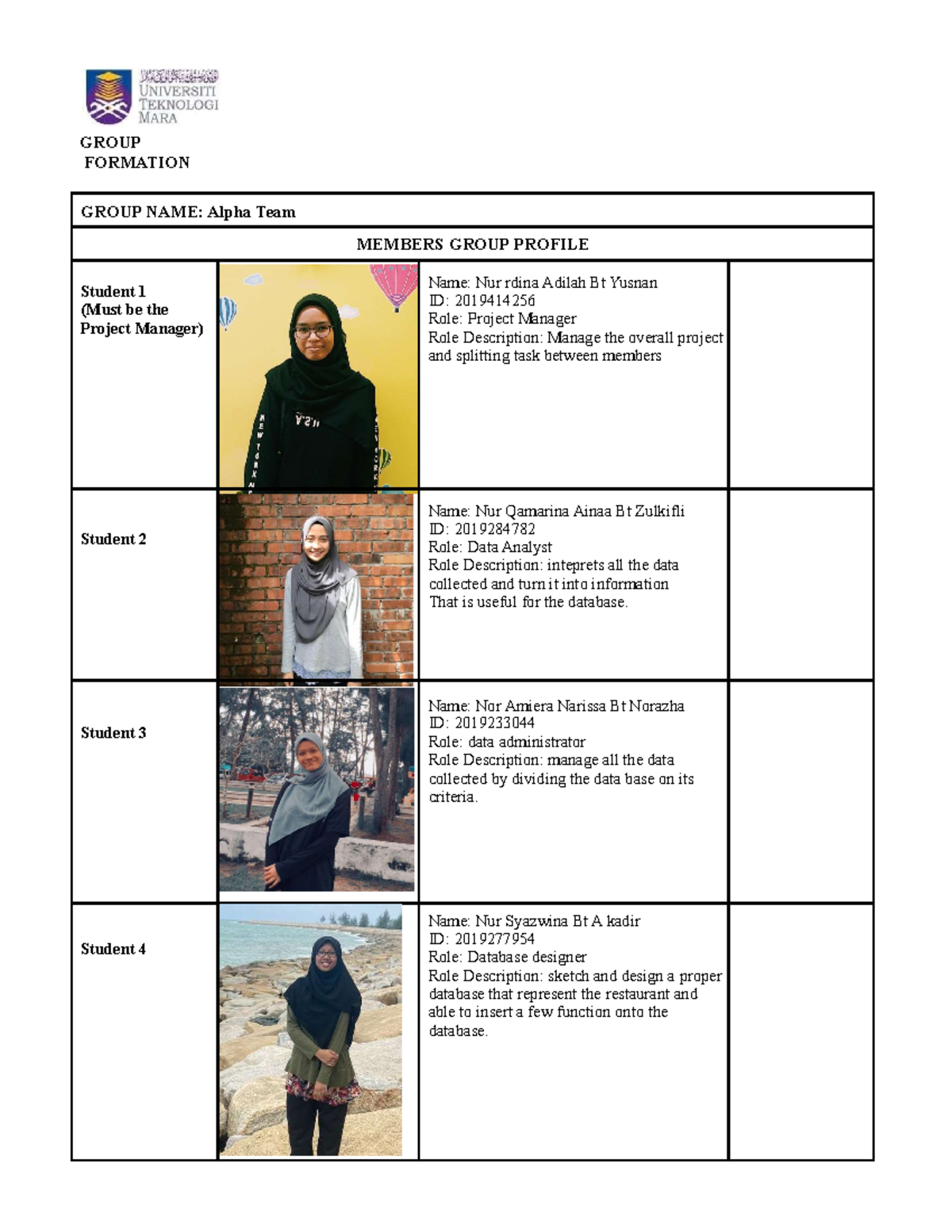 Group formation 2 - ICT200 - GROUP FORMATION GROUP NAME: Alpha Team ...