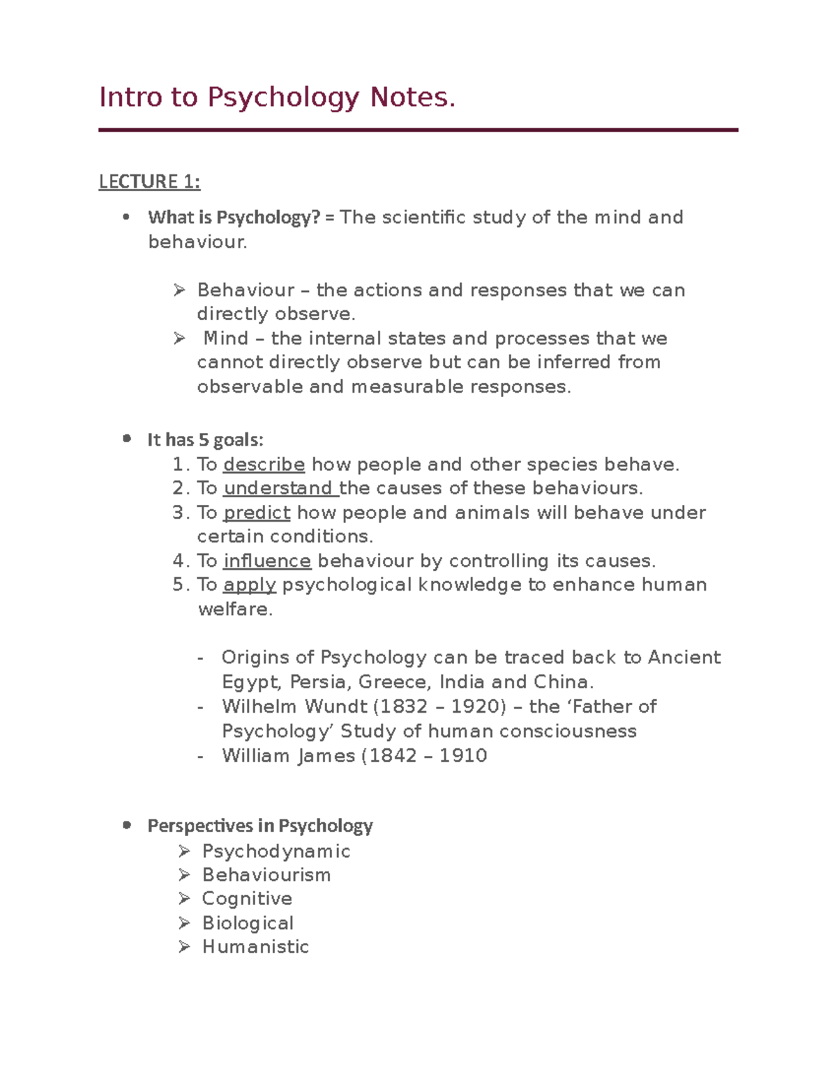 Intro to Psych Notes - Intro to Psychology Notes. LECTURE 1: What is ...
