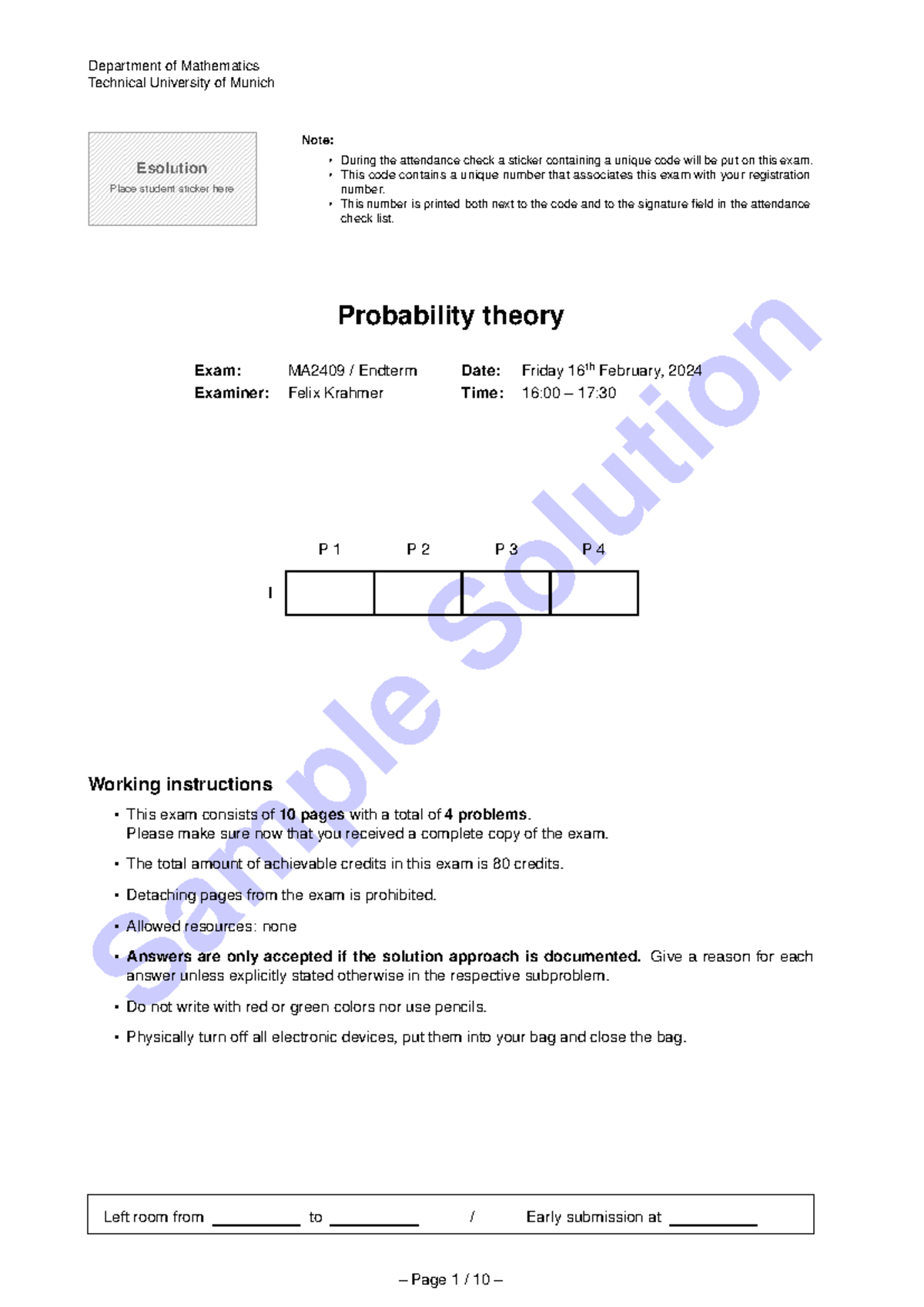 exam for probability - Sample Solution Department of Mathematics ...