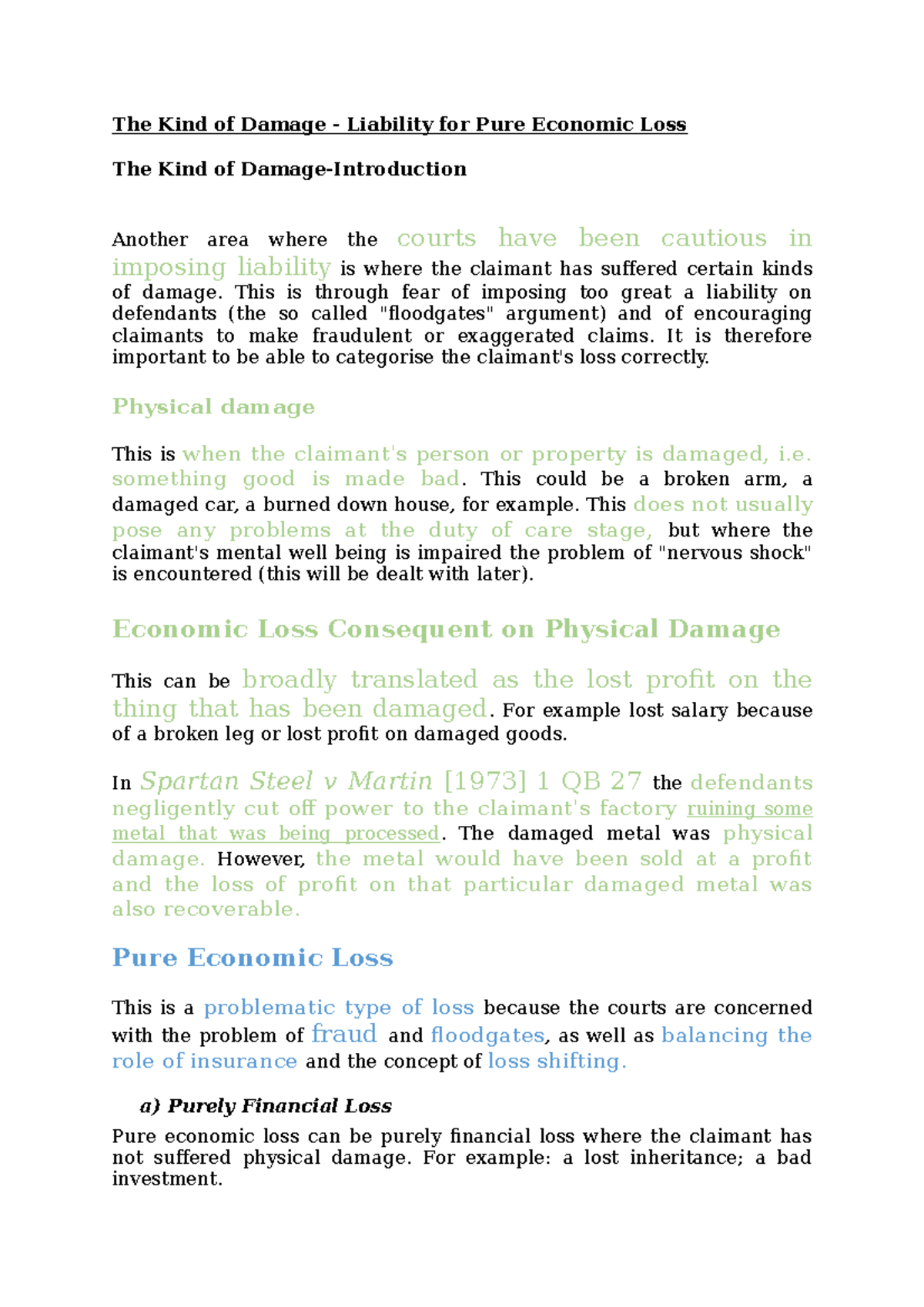Lecture notes pure economic loss LLB - The Kind of Damage - Liability ...