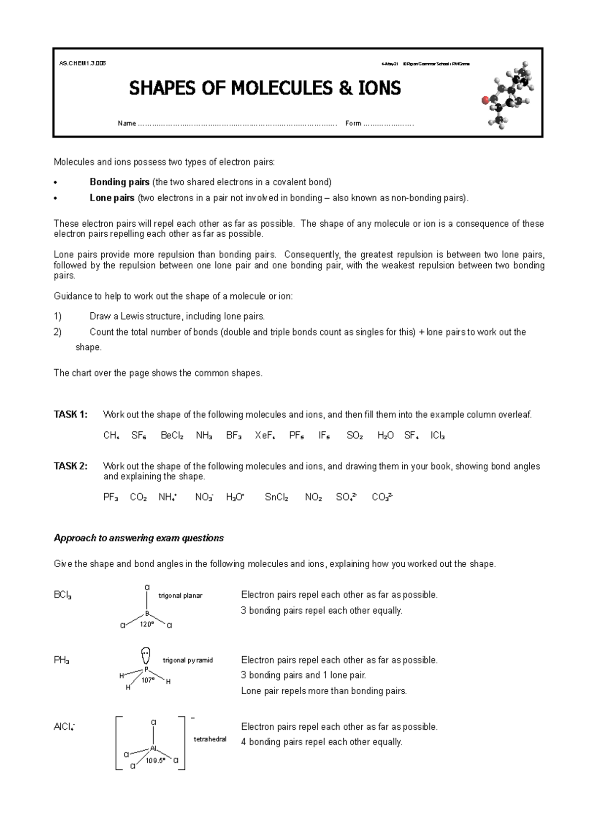 WS S1 W16 Vsepr 1 - AS.CHEM1.3 16-Jun-20 © Ripon Grammar School ...