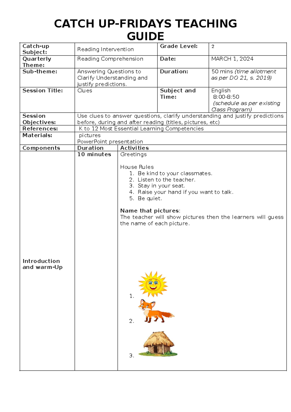 Grade 2-ENG- Reading Catch-UP- Friday - GUIDE Catch-up Subject: Reading ...