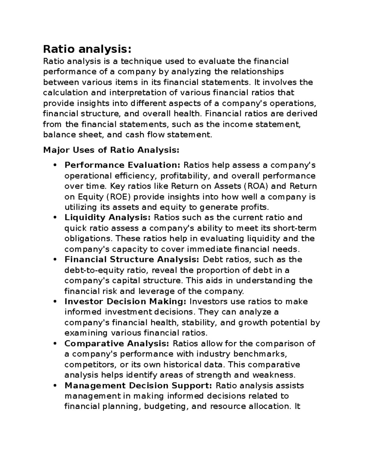 FA week 8 - notes - Ratio analysis: Ratio analysis is a technique used ...