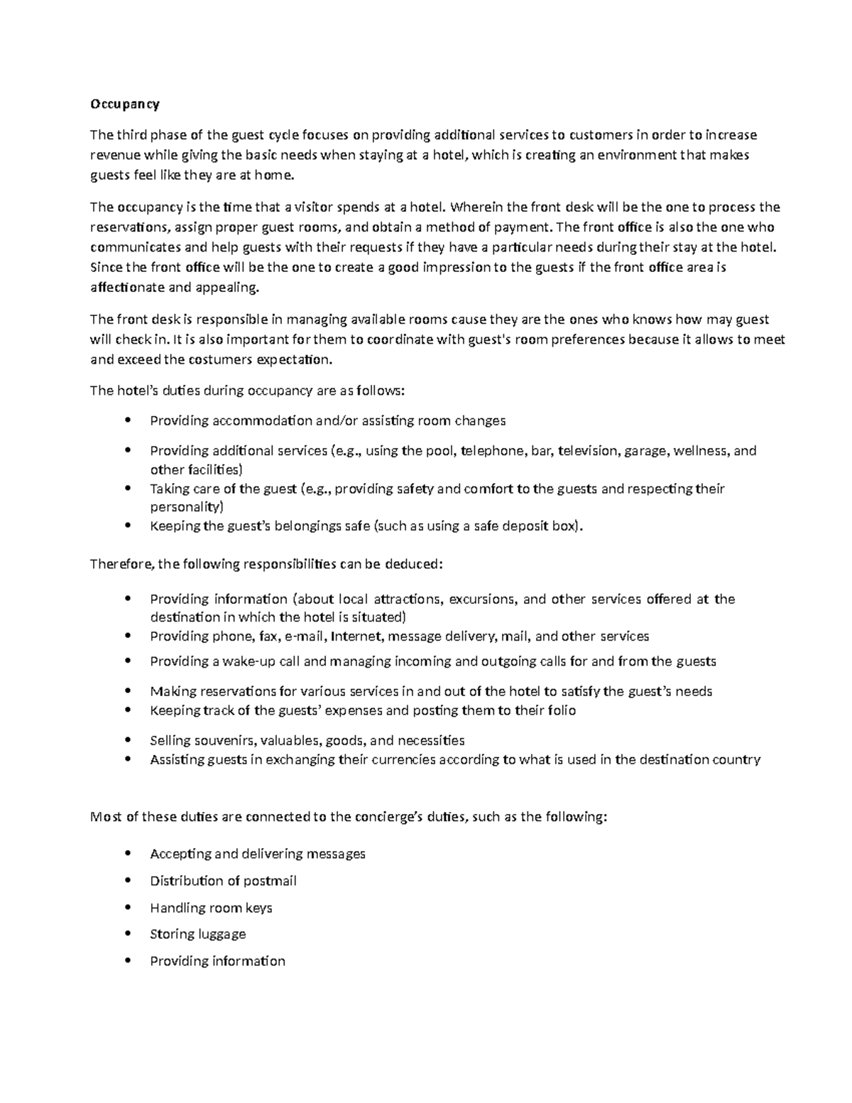 Occupancy - Occupancy The third phase of the guest cycle focuses on ...