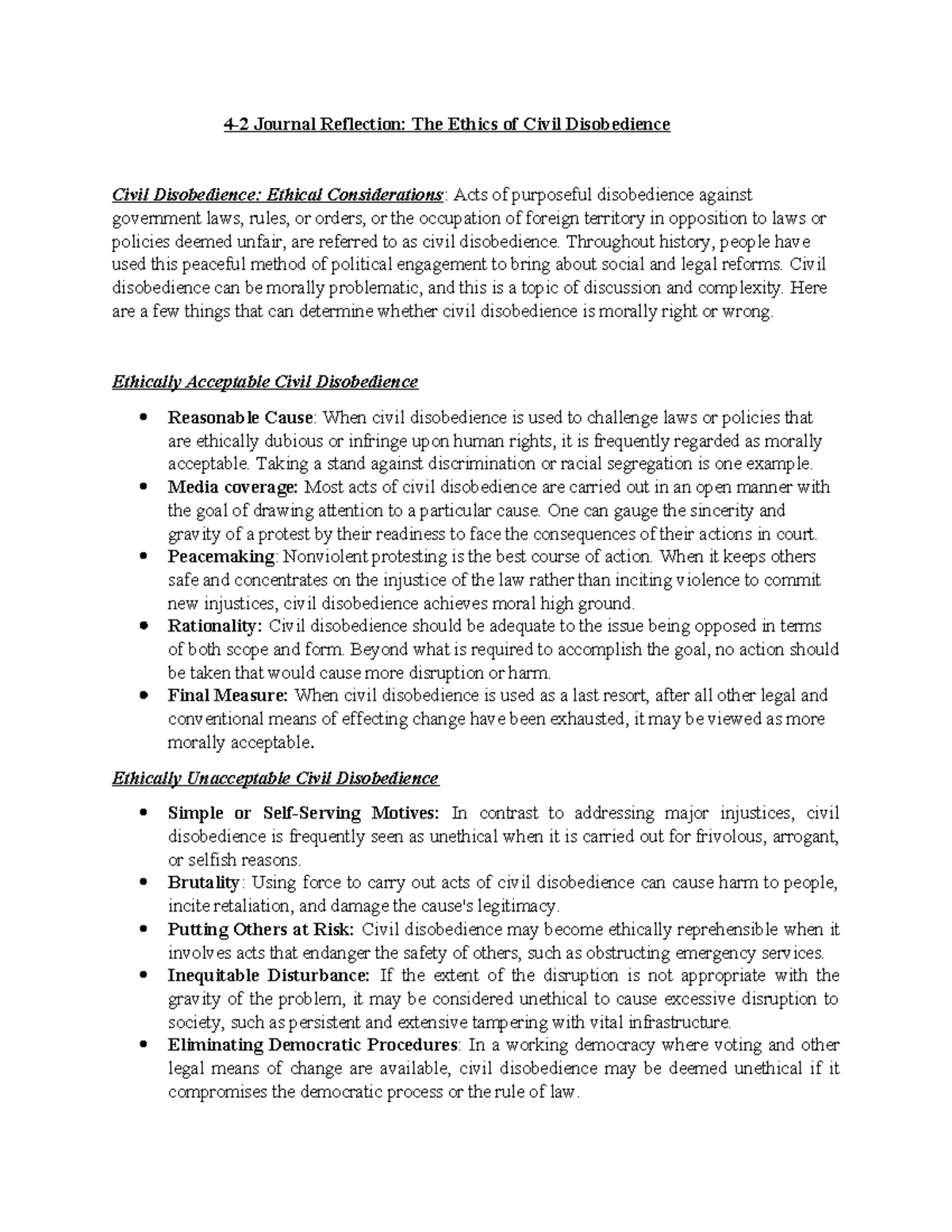 4-2 Journal Reflection The Ethics of Civil Disobedience - Throughout ...