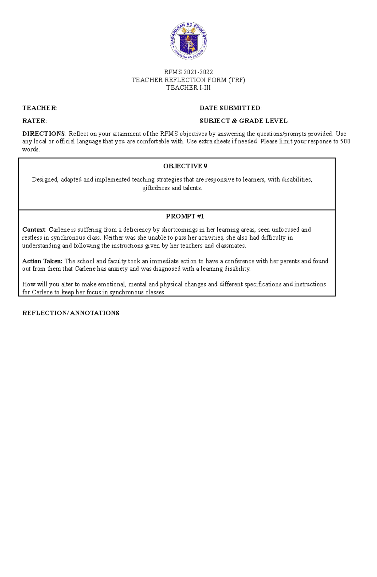 TRF-FORM - TEACHERS REFLECTION FORM - TEACHER REFLECTION FORM (TRF ...