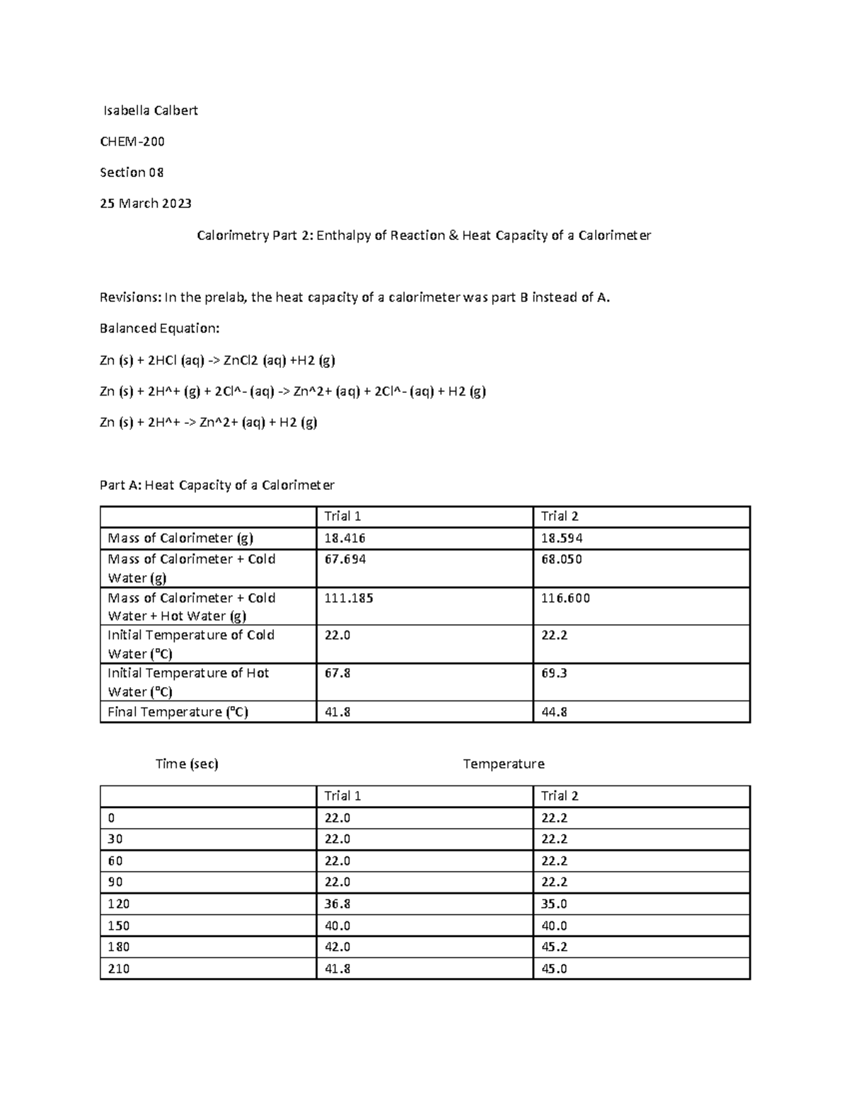 Calbert I calorimetry Pt.2 lab report - Isabella Calbert CHEM- 200 ...