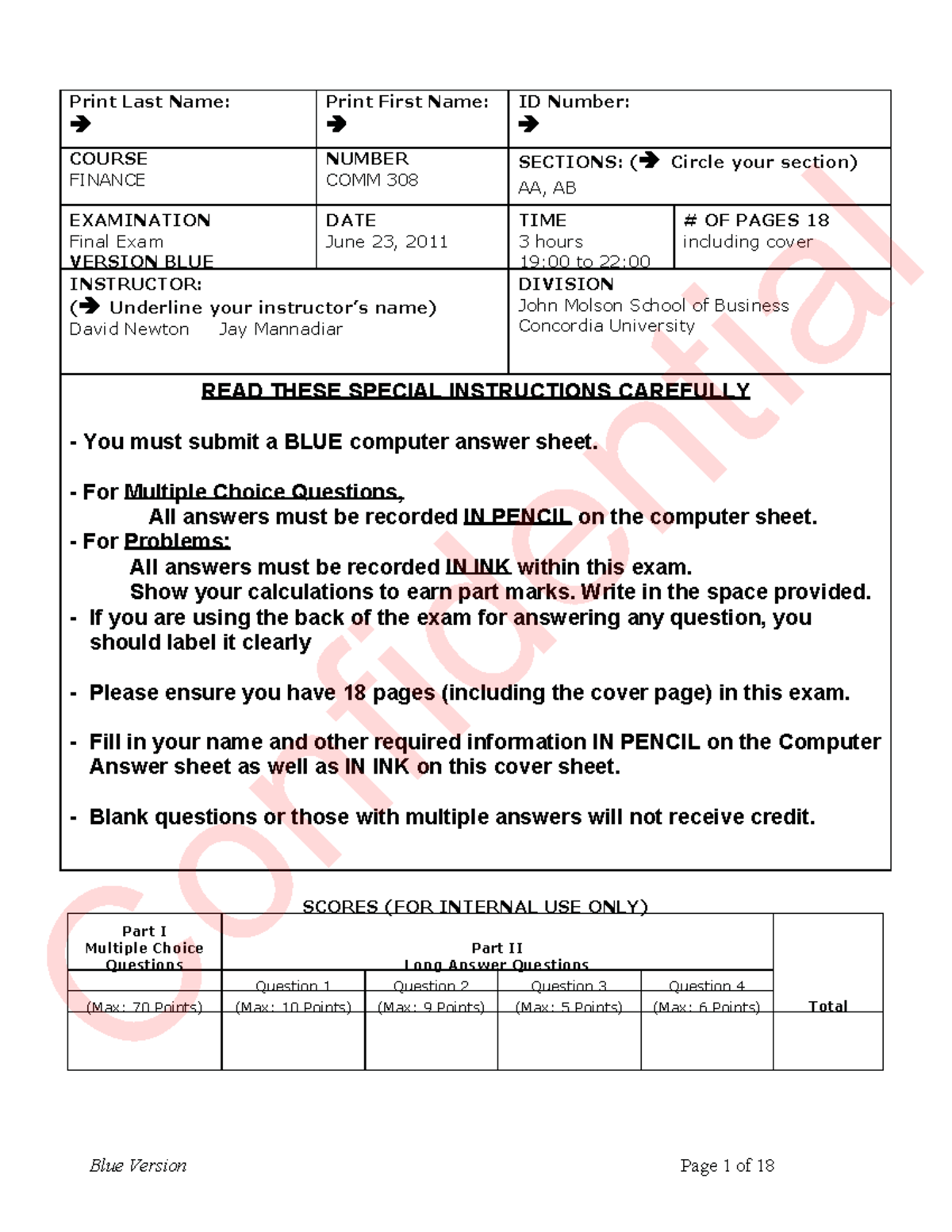 09 Comm 308 Final Exam (Summer 1 2011 ) - Print Last Name: ####### Print First Name: ####### ID ...