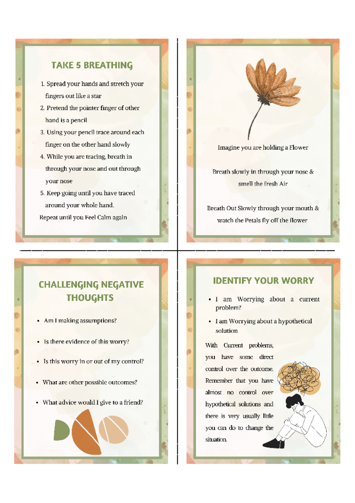 Anxiety Coping skill cards -A4 - TAKE 5 BREATHING 1. Spread your hands ...
