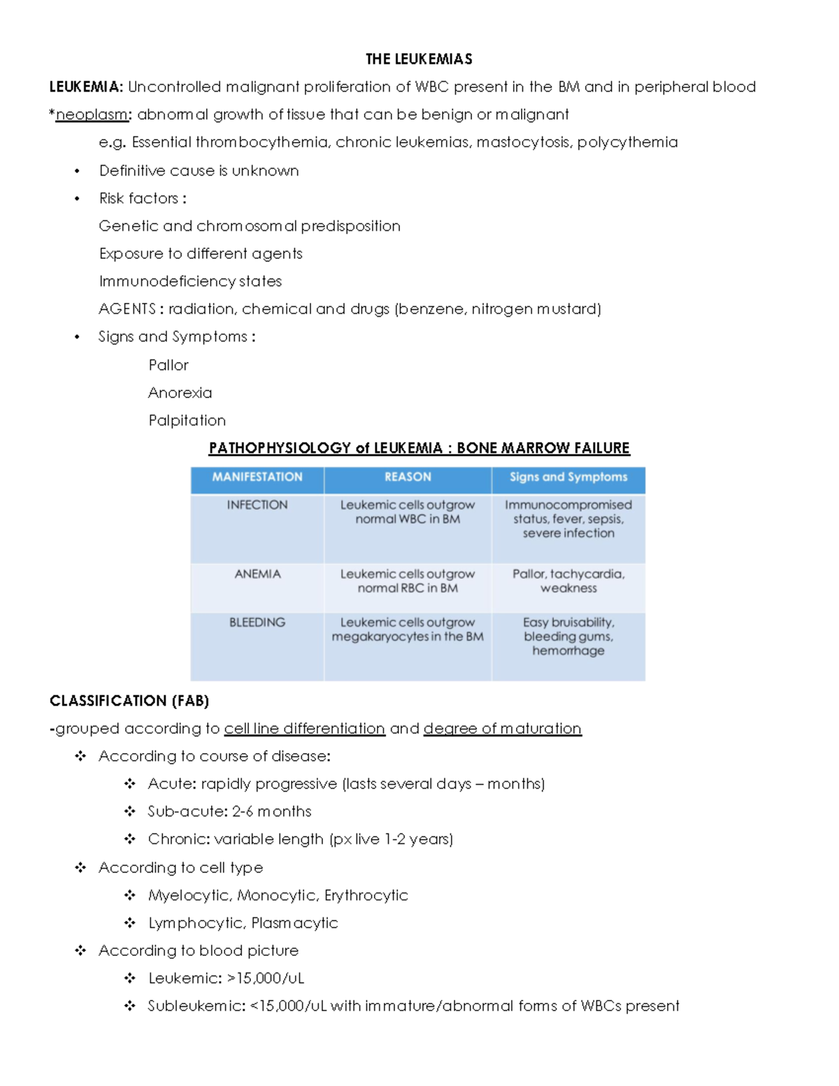 THE- Leukemias-wordfile by maam kim bugays - THE LEUKEMIAS LEUKEMIA: Uncontrolled malignant ...