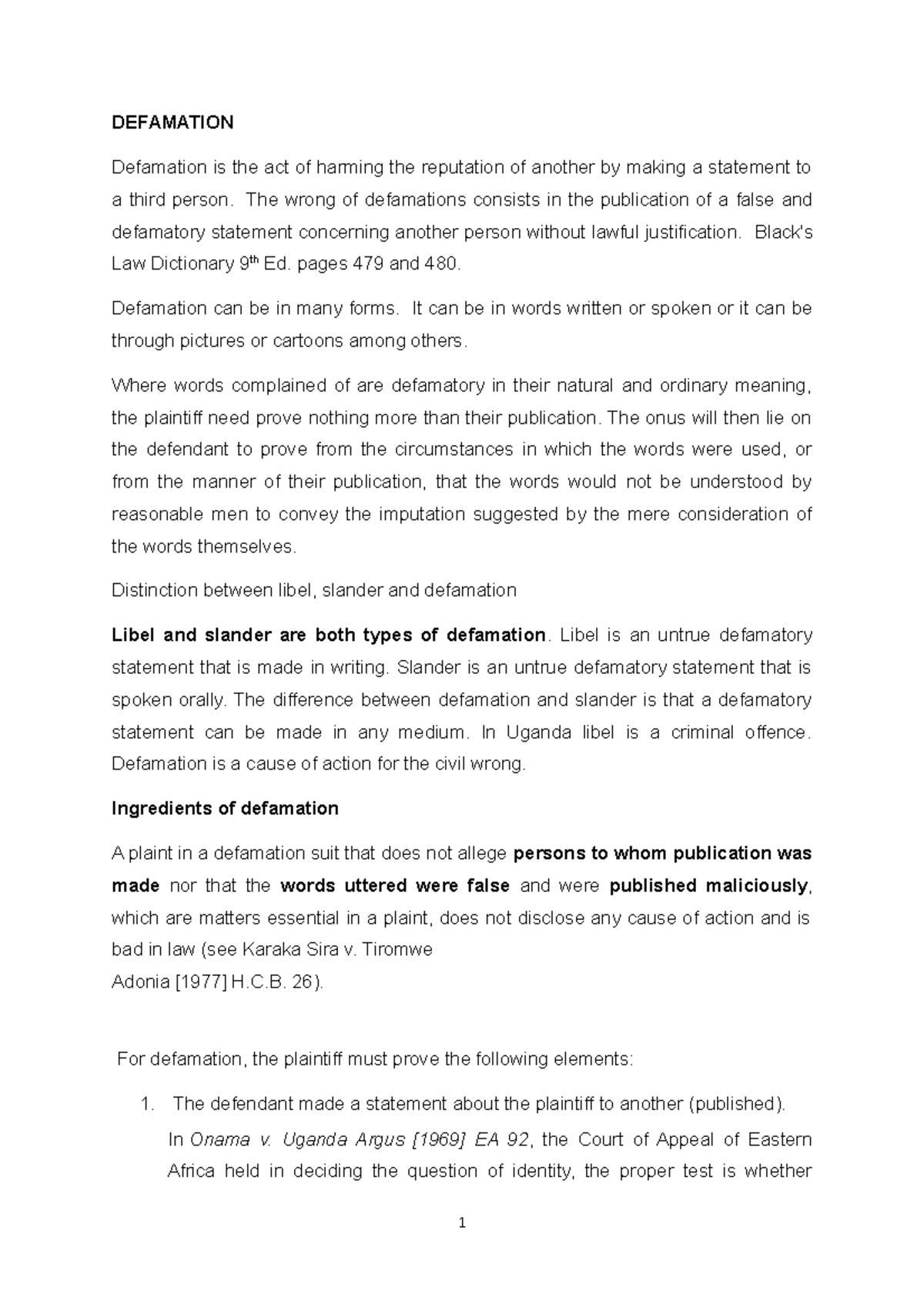 Defamation notes - Aid in research - DEFAMATION Defamation is the act ...