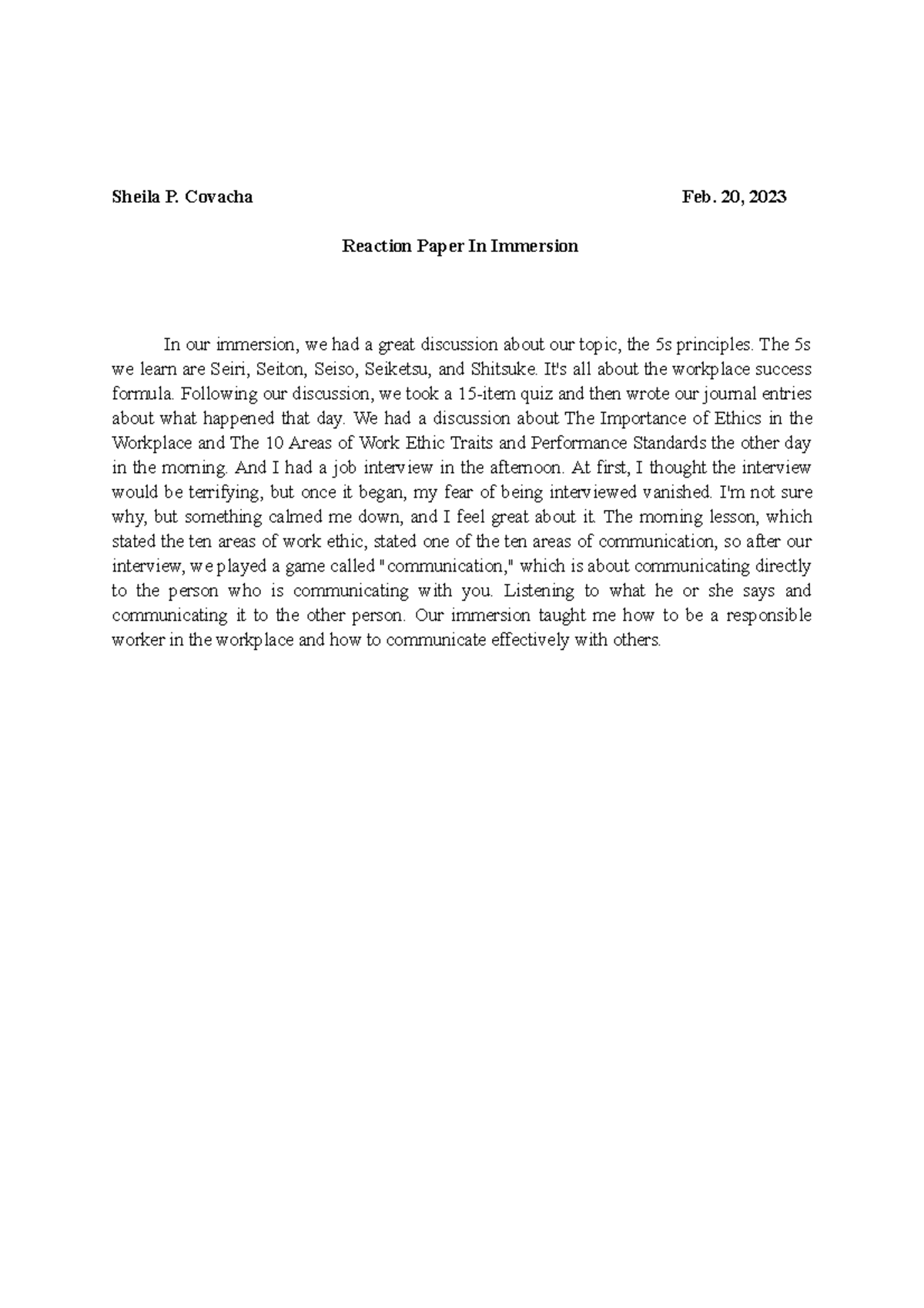 Reaction Paper - Sheila P. Covacha Feb. 20, 2023 Reaction Paper In ...