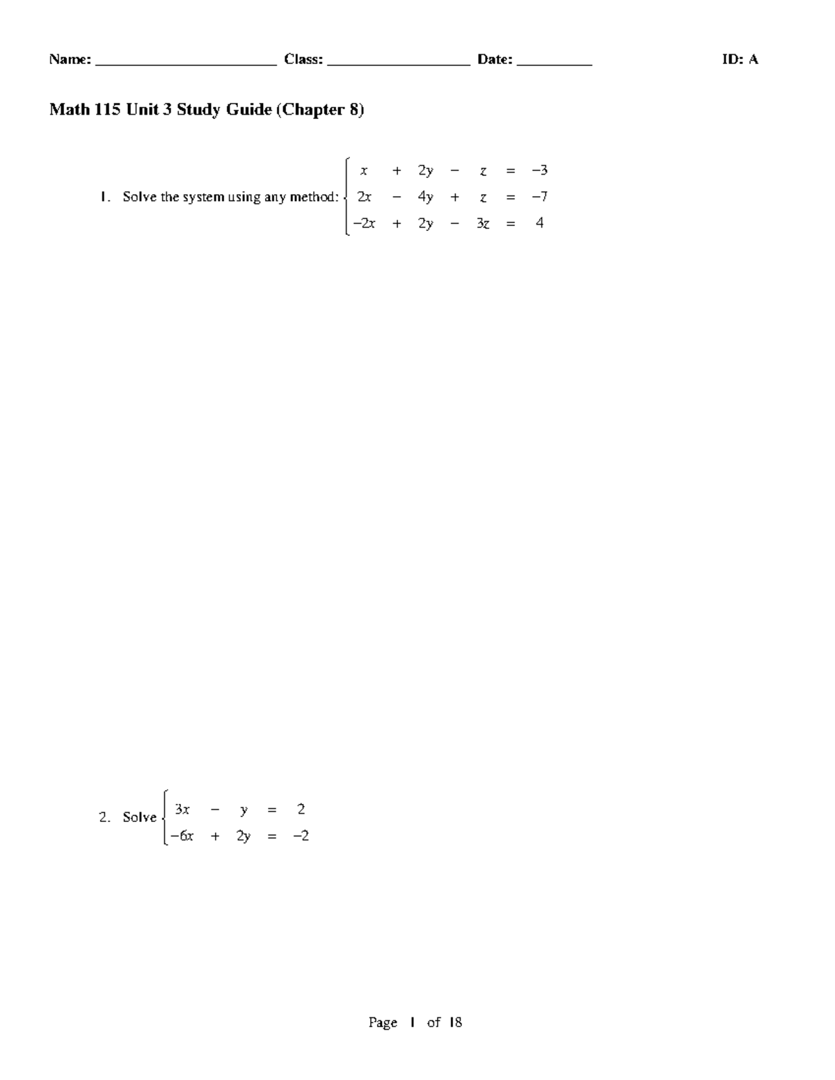 Math 115 Unit 3 Study Guide - Name: ________________________ Class ...