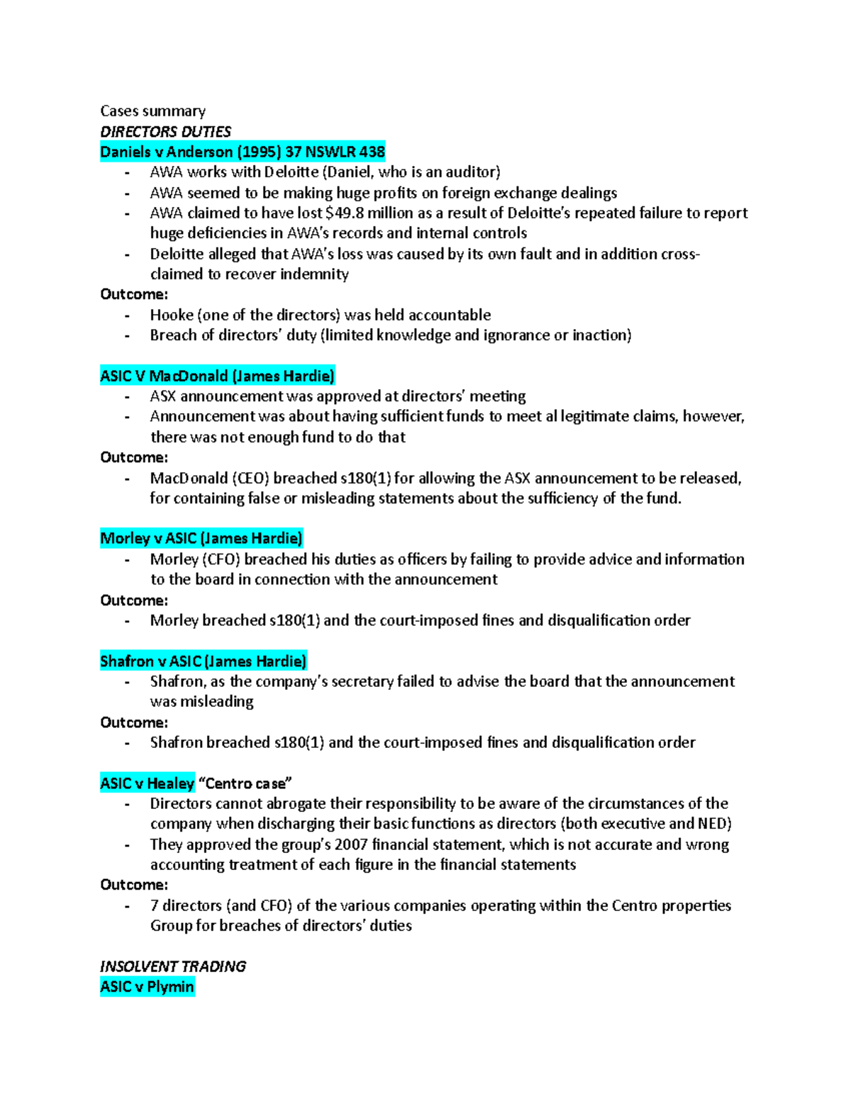 Cases summary (cases used in tutorial) - Cases summary DIRECTORS DUTIES ...