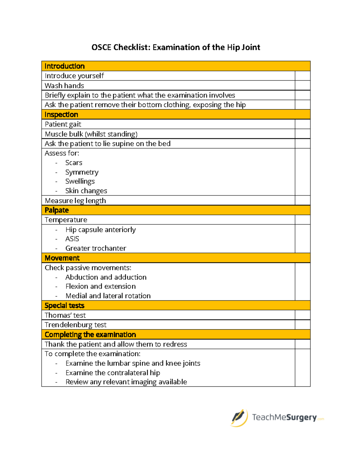 Examination of the Hip Joint - OSCE Checklist: Examination of the Hip ...