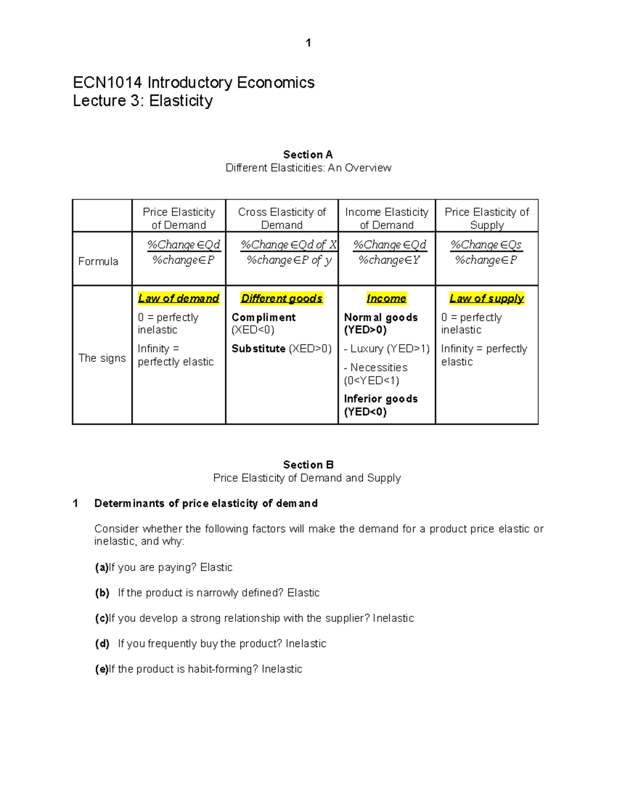 Chapter 3 Handout - Supply and demand - 1 ECN1014 Introductory ...