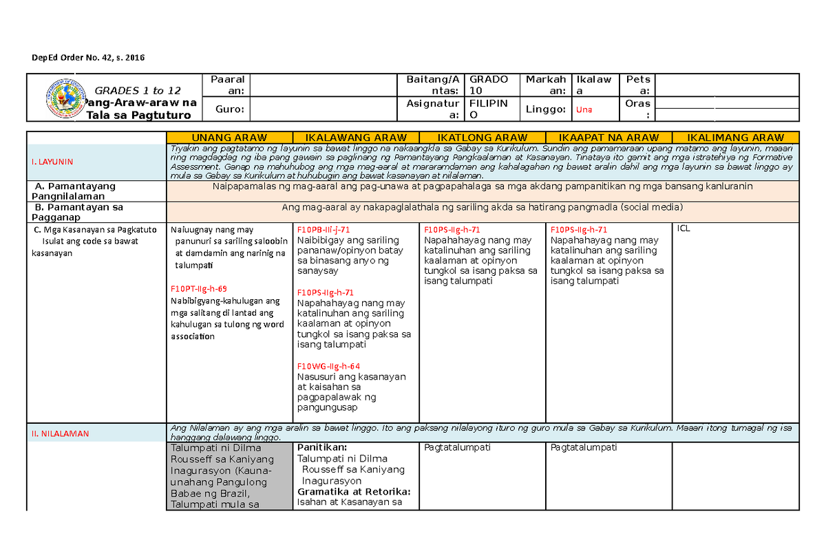 DLL Filipino 10-Aralin 2 - DepEd Order No. 42, s. 2016 GRADES 1 to 12 ...