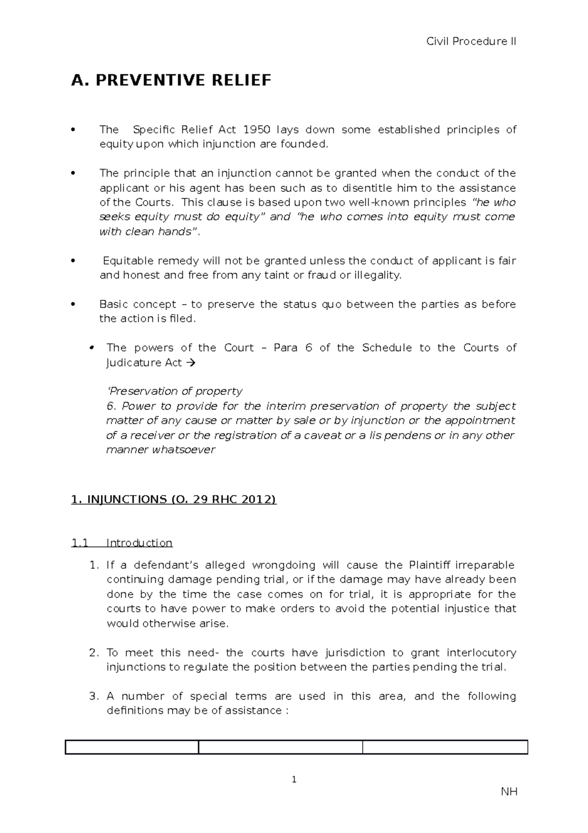 NOTE WEEK 1 - Nota cp - A. PREVENTIVE RELIEF The Specific Relief Act ...