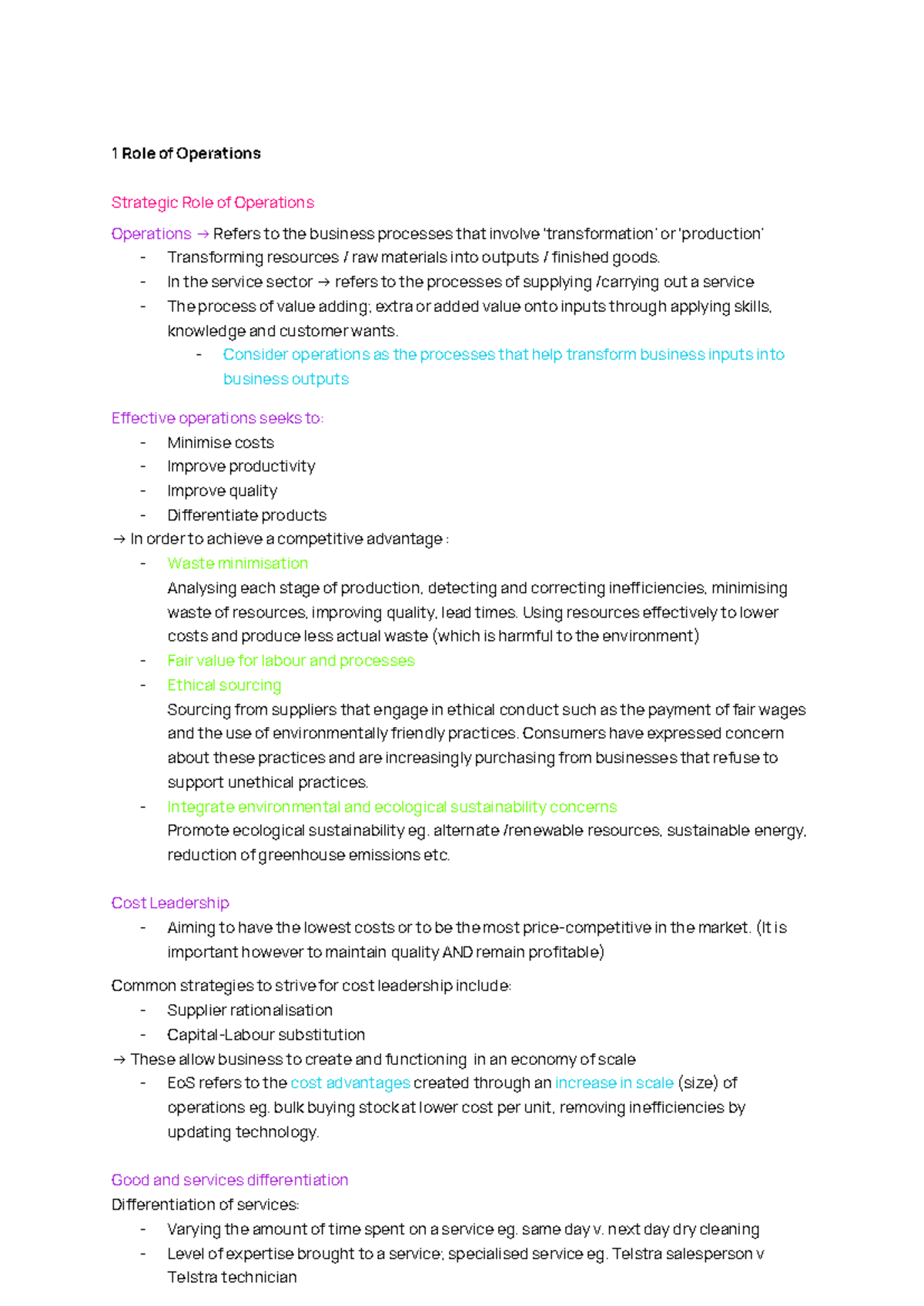 Operations - operation notes - 1 Role of Operations Strategic Role of ...