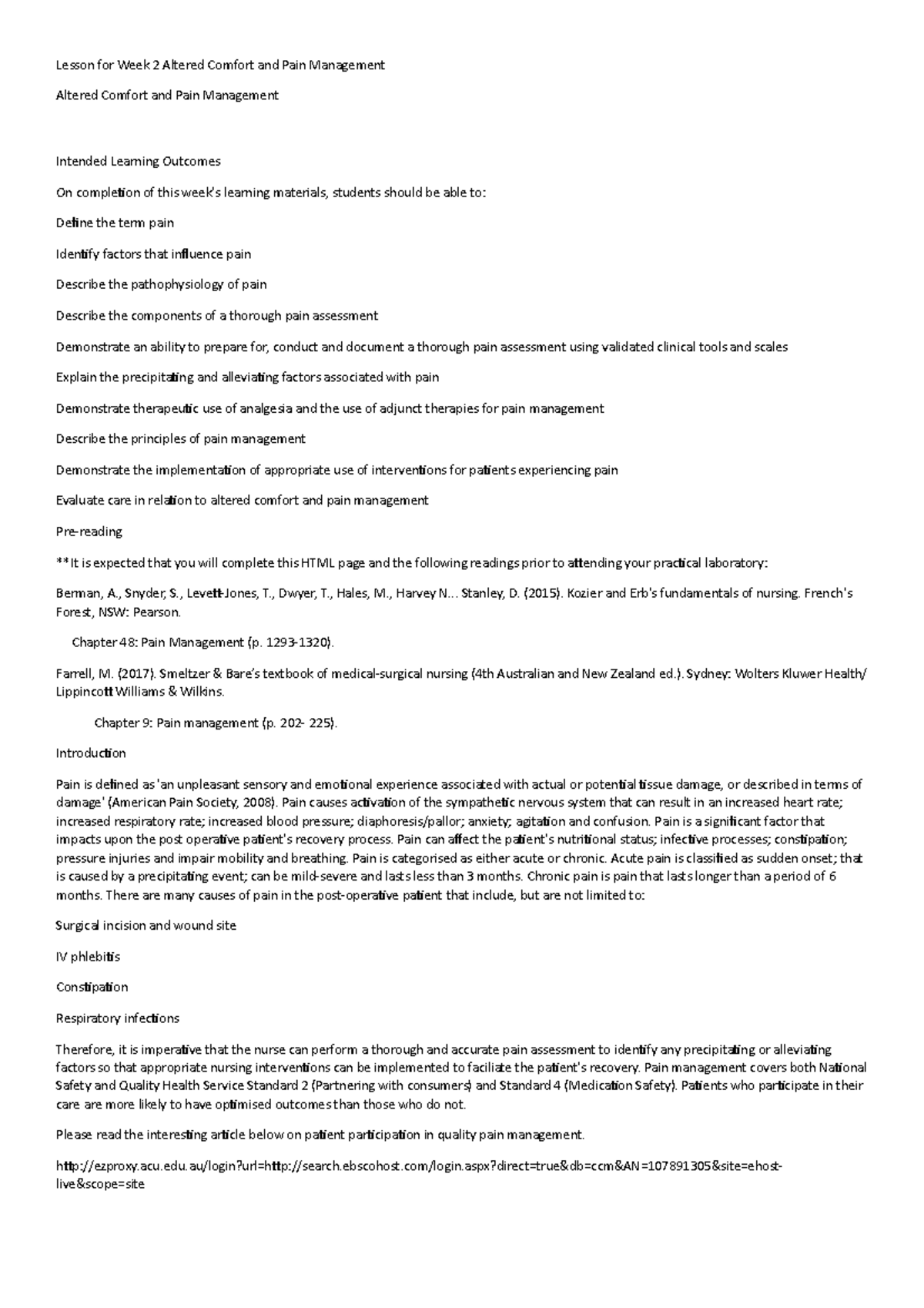 Lesson for Week 2 Altered Comfort and Pain Management - Lesson for Week ...