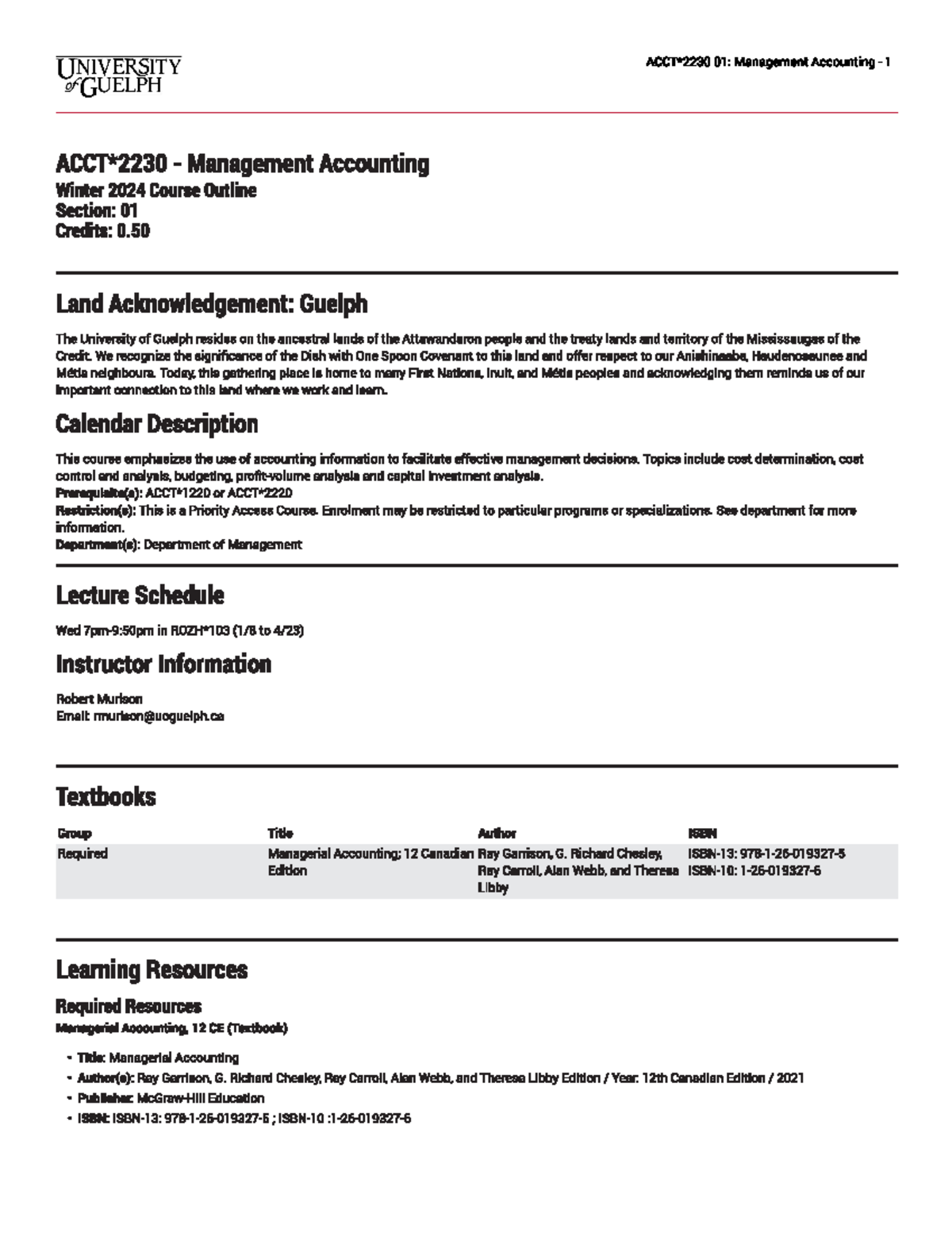 Acct 2230 Course Outline W24 - Acct2230 - Studocu
