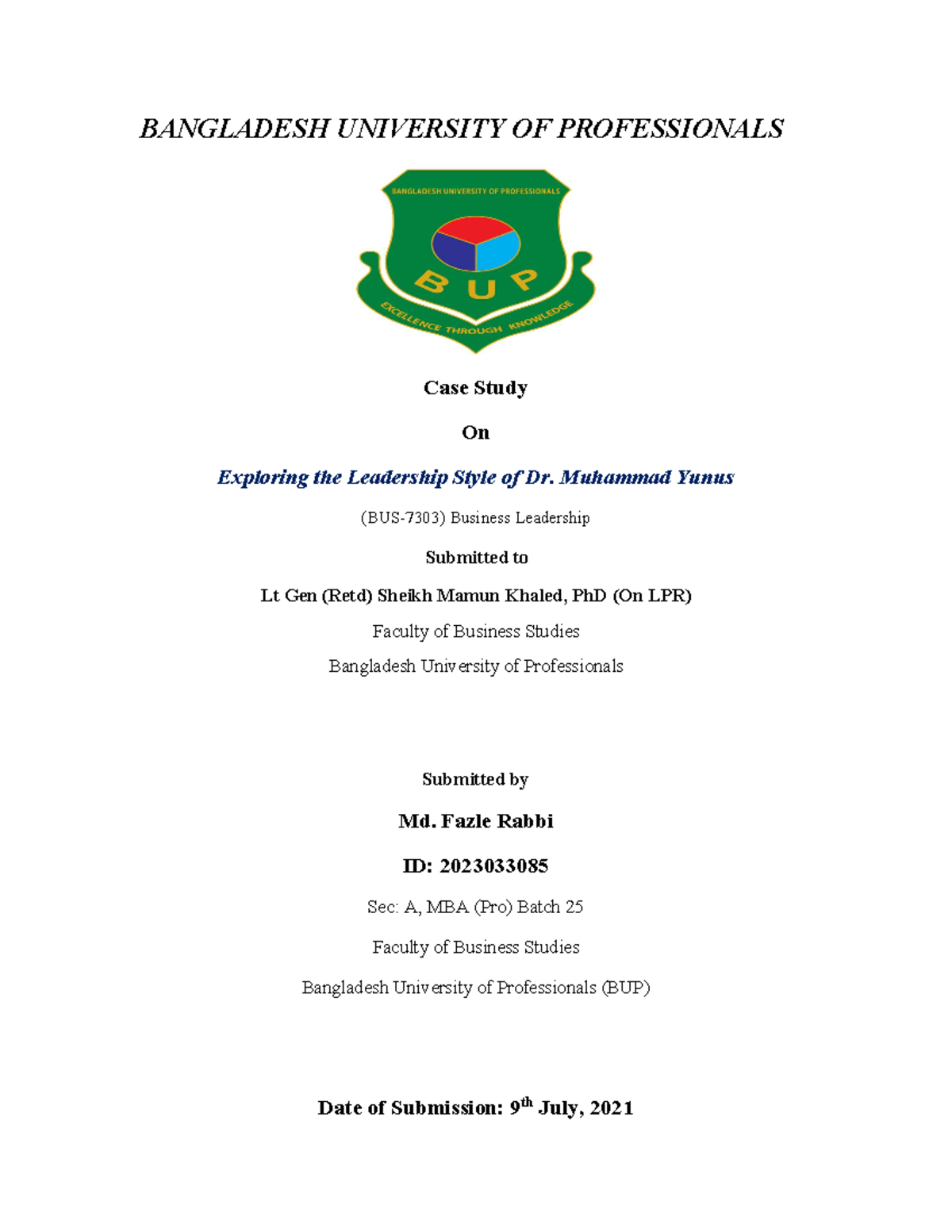 2023033085 BUS Leadership - BANGLADESH UNIVERSITY OF PROFESSIONALS Case ...