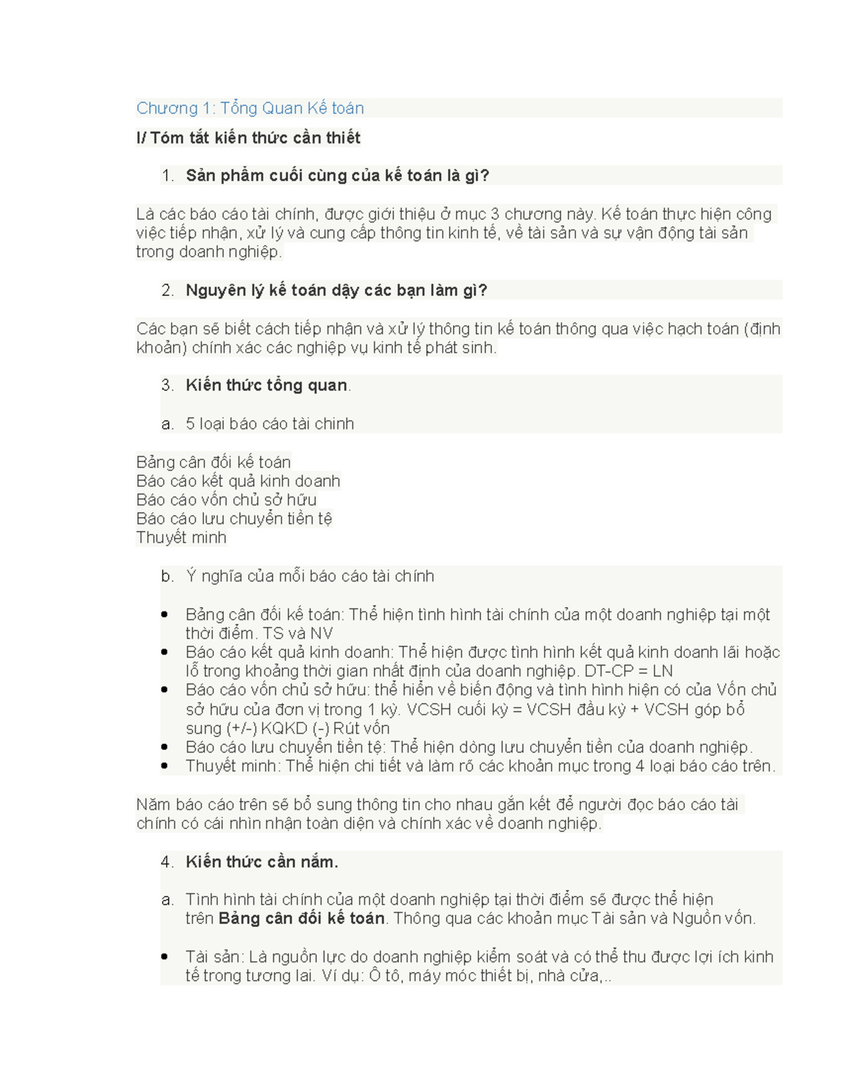 Chương 1 - By OTSV - Chương 1: Tổng Quan Kế toán I/ Tóm tắt kiến thức cần thiết Sản phẩm cuối ...