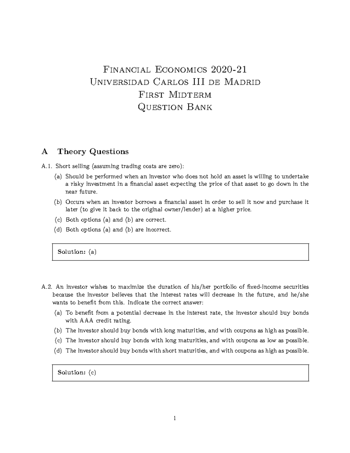 1st Midterm 2020 Question Bank With Answers - Financial Economics 2020 ...