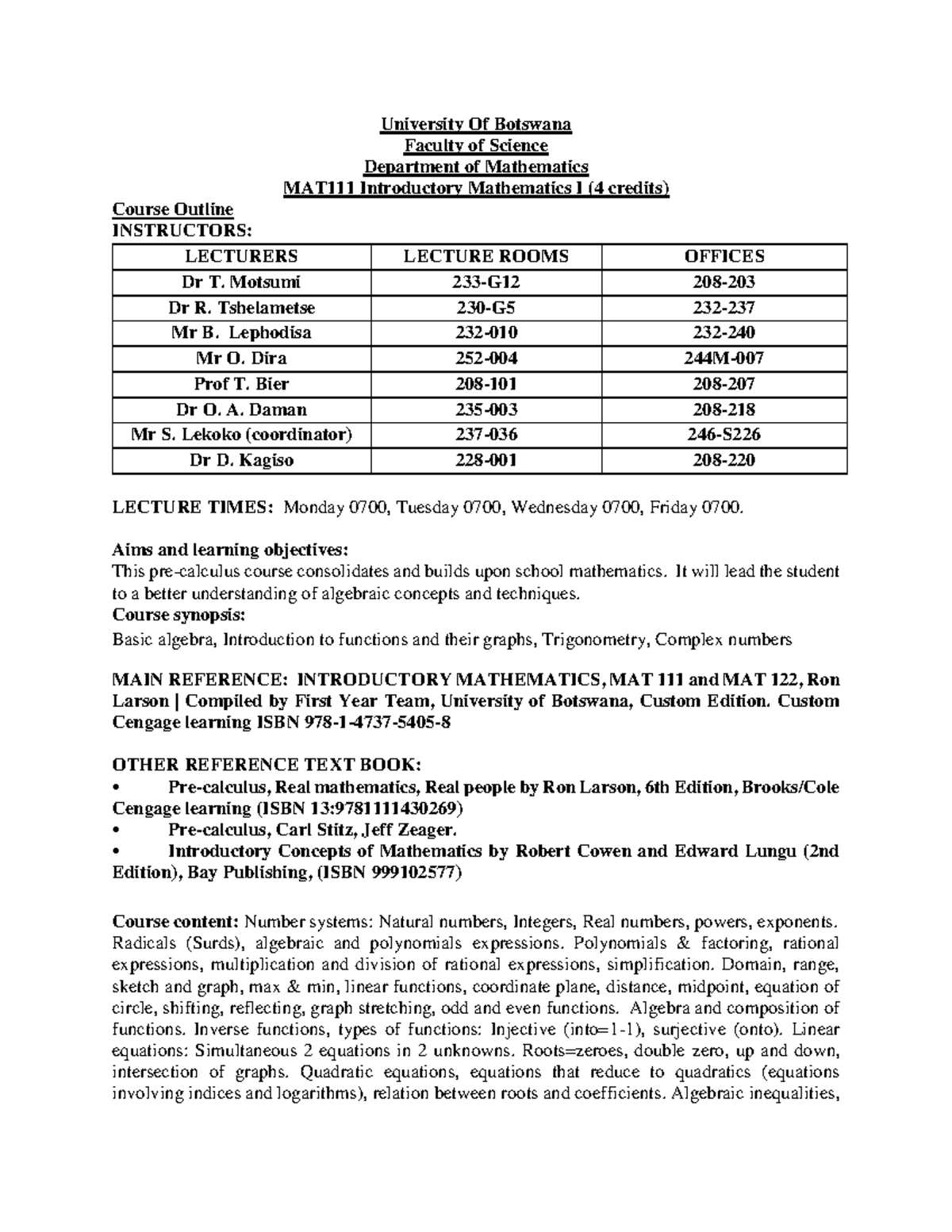 Mat 111 Course Outline University Of Botswana Faculty Of Science Department Of Mathematics