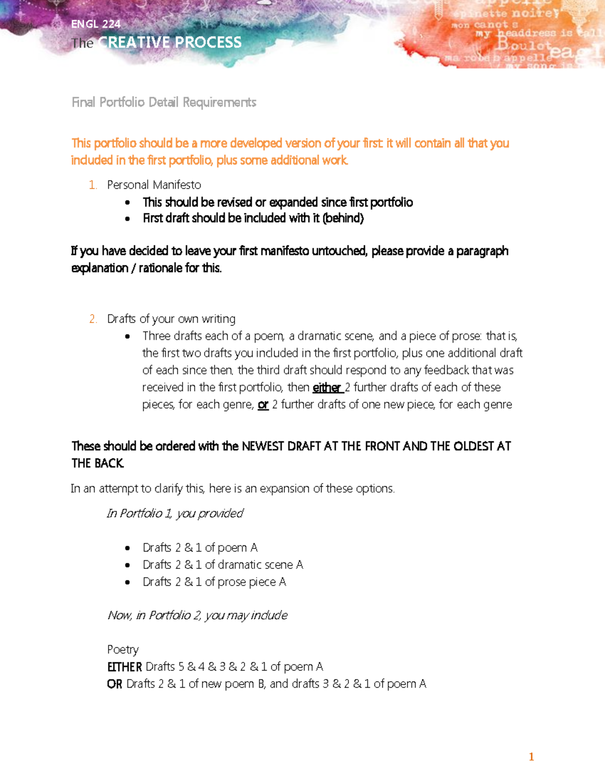 Final portfolio instructions - ENGL 224 The CREATIVE PROCESS 1 Final ...
