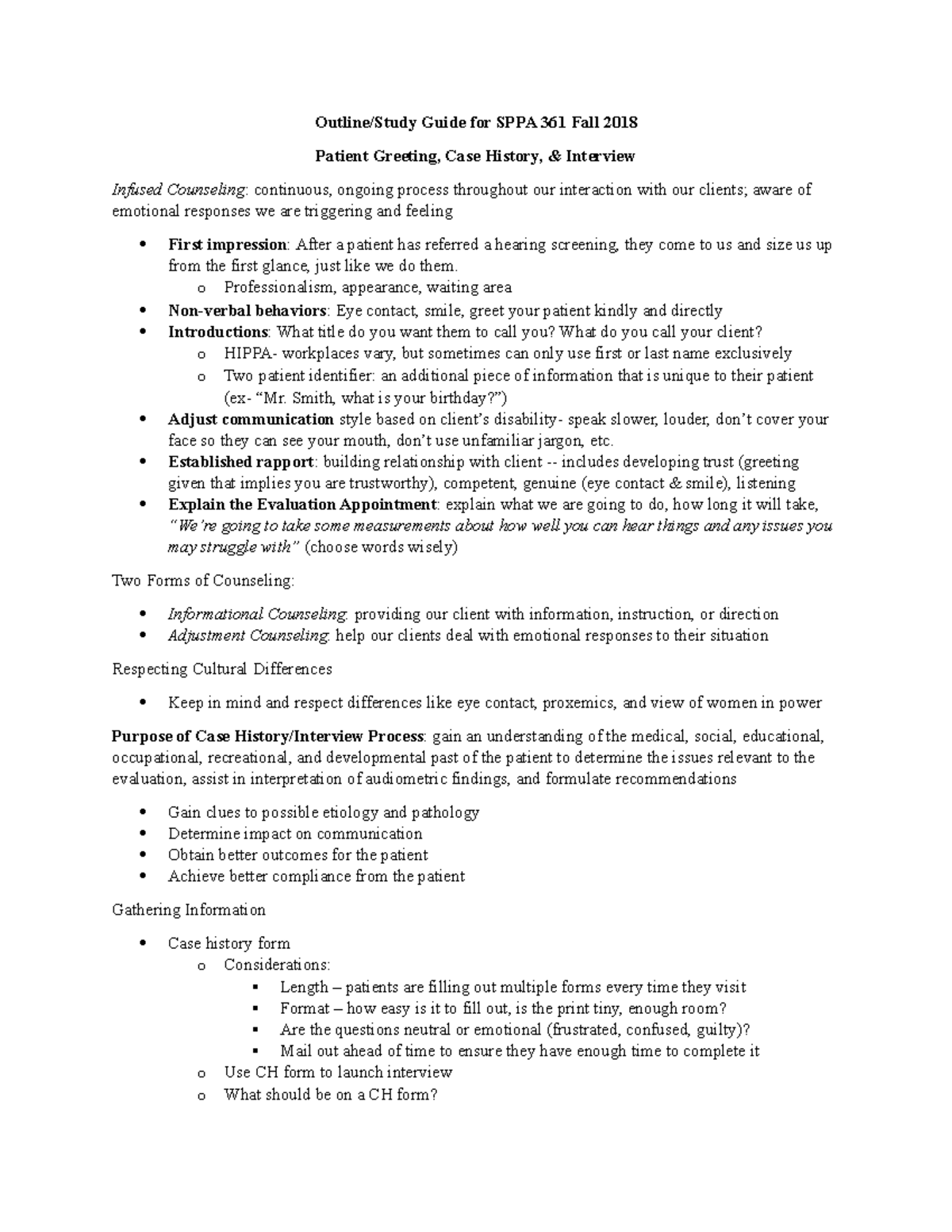 Case history and interview process - Outline/Study Guide for SPPA 361 ...