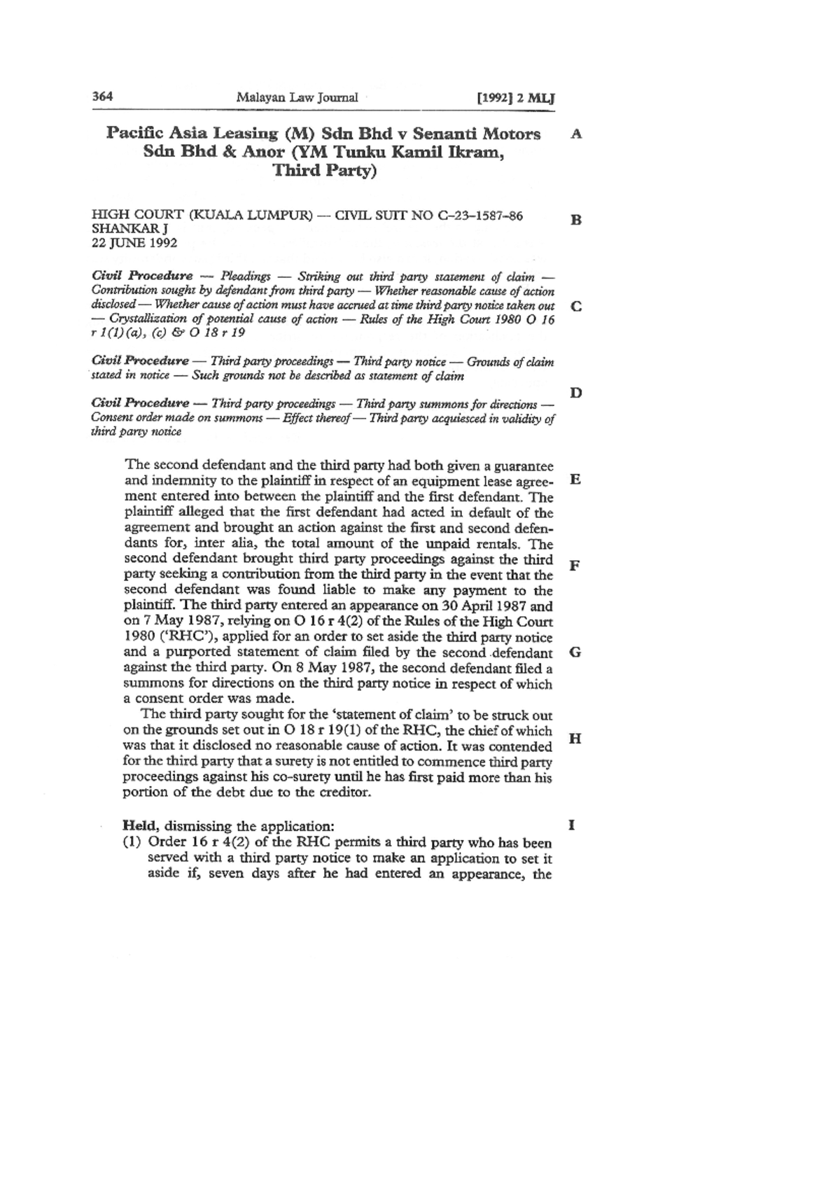 Pacific ASIA Leasing (M) SDN BHD v Senanti M - Civil Procedure II - Studocu