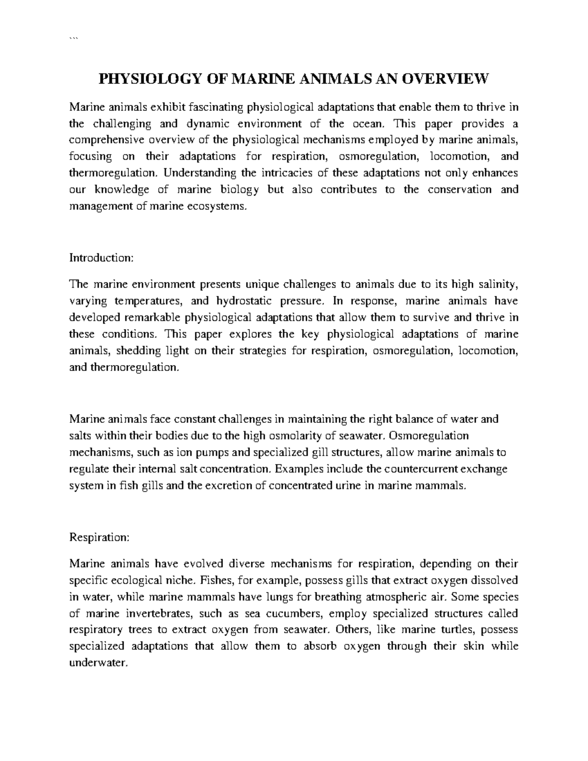 Physiology OF Marine Animals AN Overview - ## PHYSIOLOGY OF MARINE ...