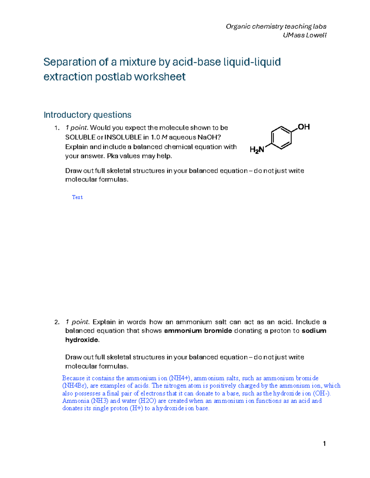 Acid-base liquid extraction Postlab - UMass Lowell Separation of a ...