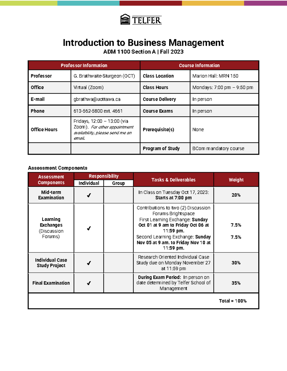 ADM-1100 Syllabus - Introduction to Business Management ADM 1 100 ...