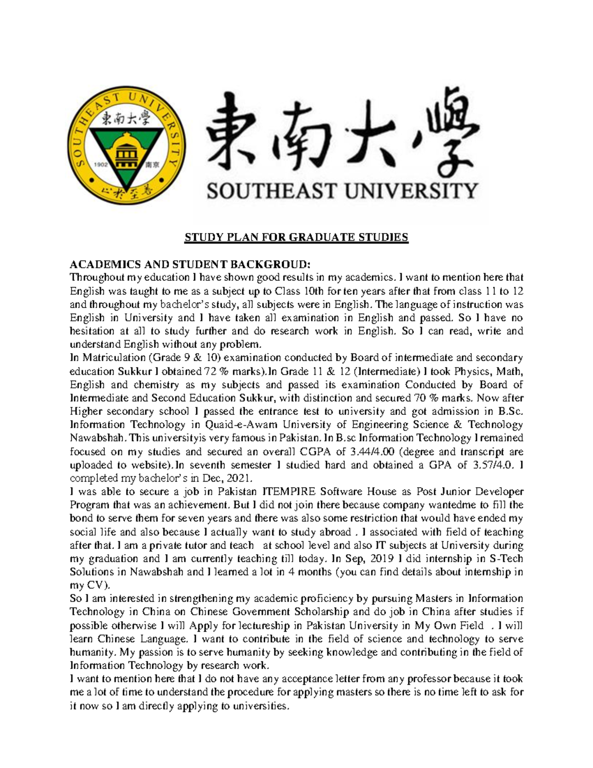 SEU Study PLAN - asad - STUDY PLAN FOR GRADUATE STUDIES ACADEMICS AND ...