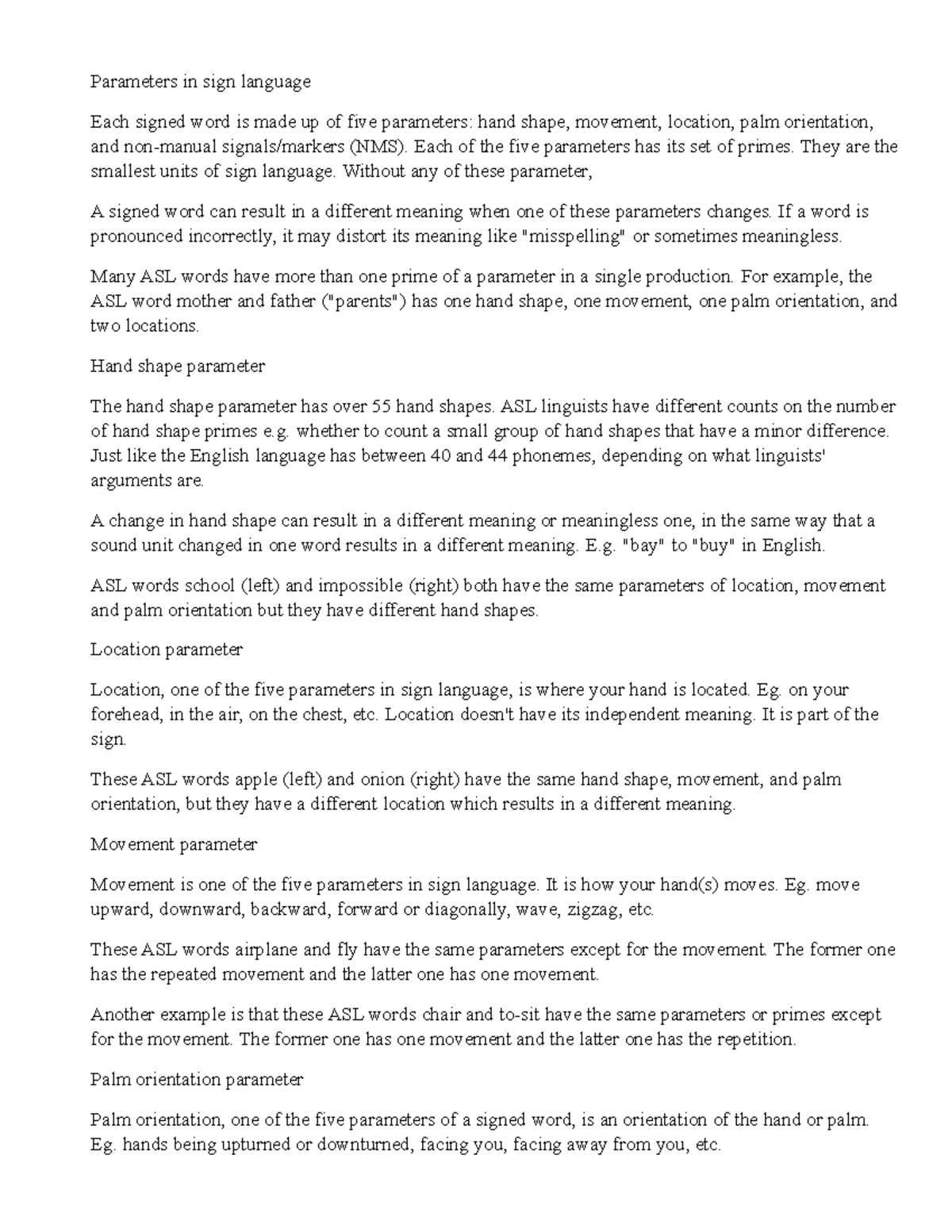 Parameters in sign language - Each of the five parameters has its set ...