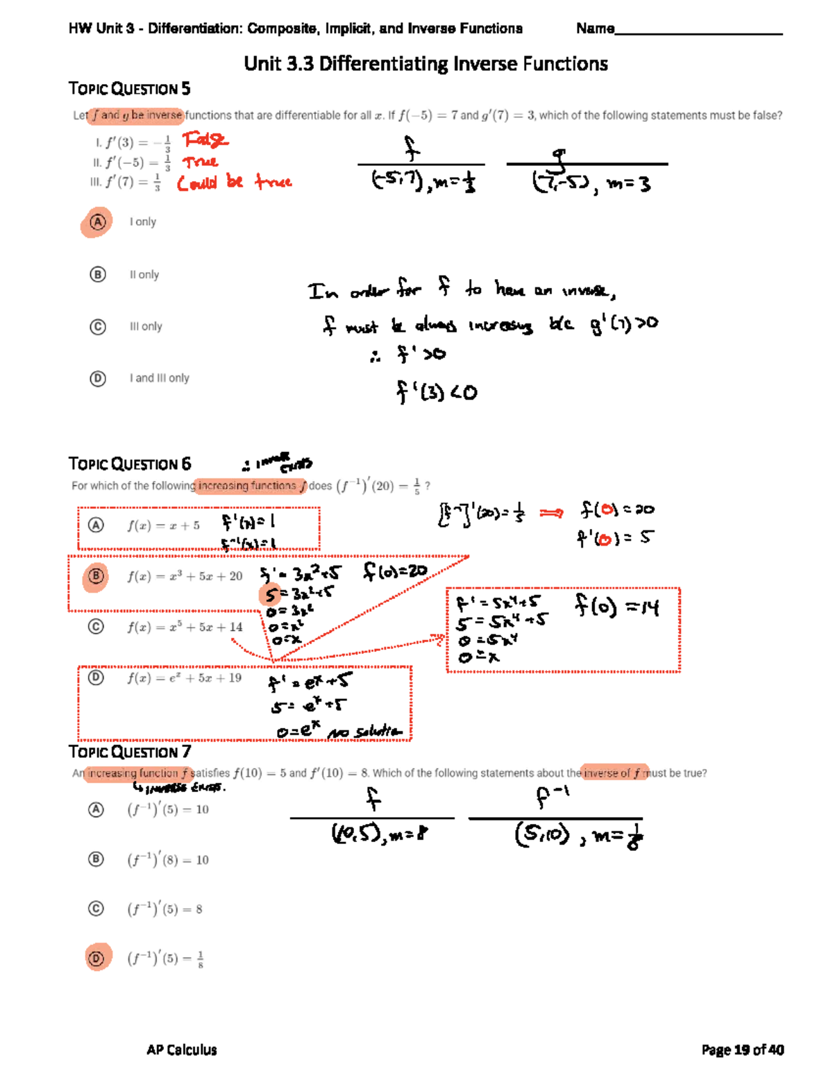 Apc unit 3 - work - HW Unit 3 Differentiation: Composite, Implicit, and Inverse Functions Name ...