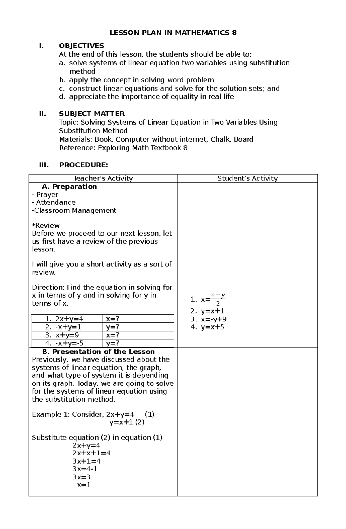 Lesson PLAN IN Mathematics 8- substitution method - LESSON PLAN IN ...