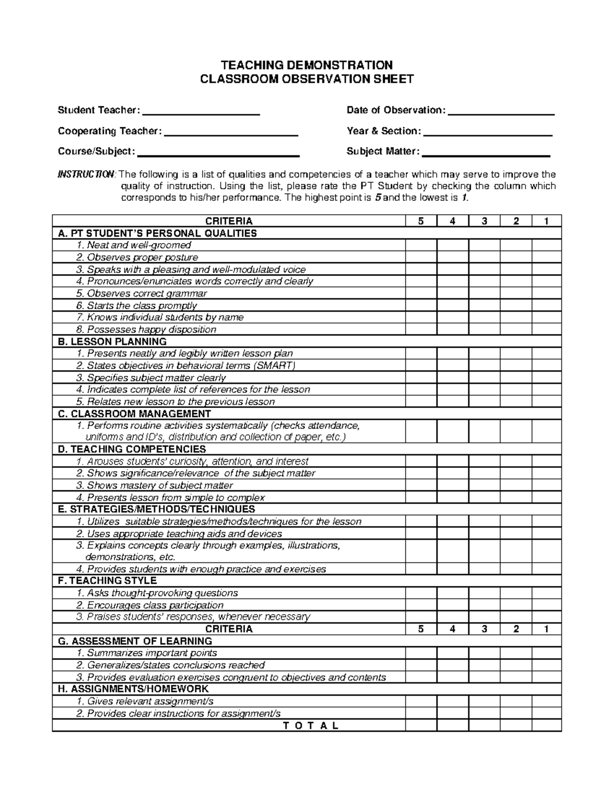 Teaching Demonstation Classroom Observation Sheet Final DEMO - TEACHING ...