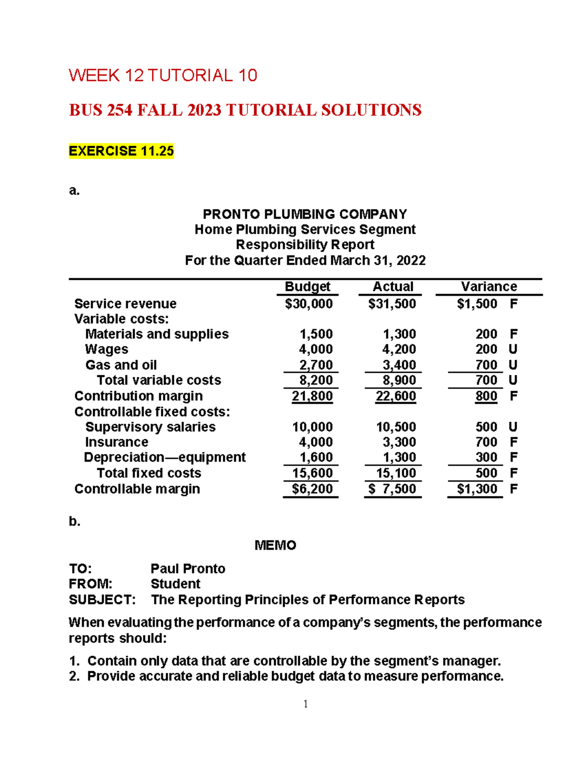 Tutorial 10 solutions - WEEK 12 TUTORIAL 10 BUS 254 FALL 2023 TUTORIAL SOLUTIONS EXERCISE 11. a ...