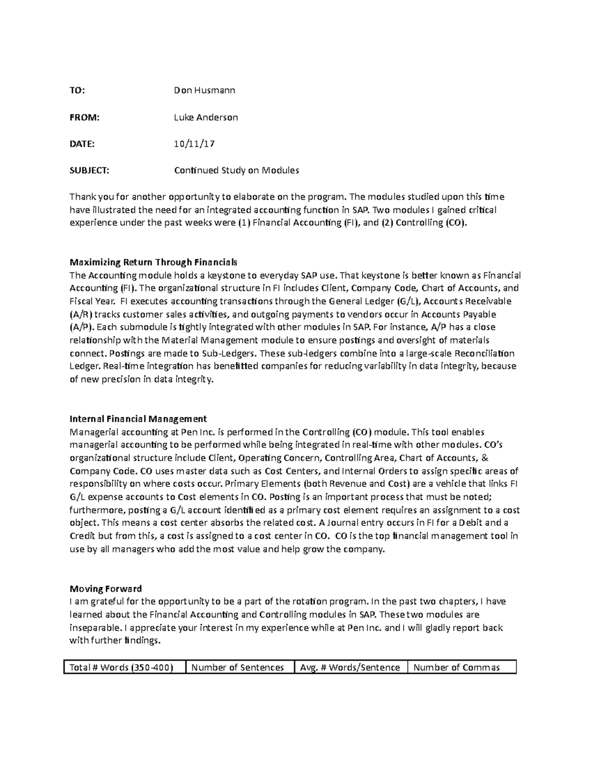 Executive Memo 3 - Grade: 95/100 - TO: Don Husmann FROM: Luke Anderson ...