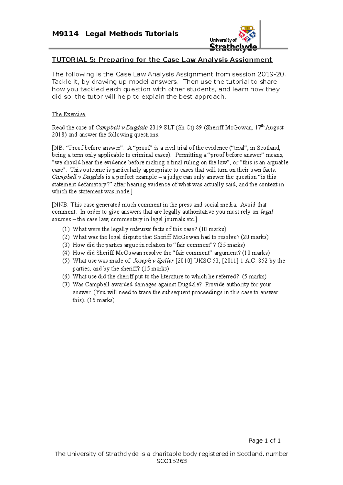 LM Tutorial 5 - M9114 Legal Methods Tutorials TUTORIAL 5 : Preparing ...