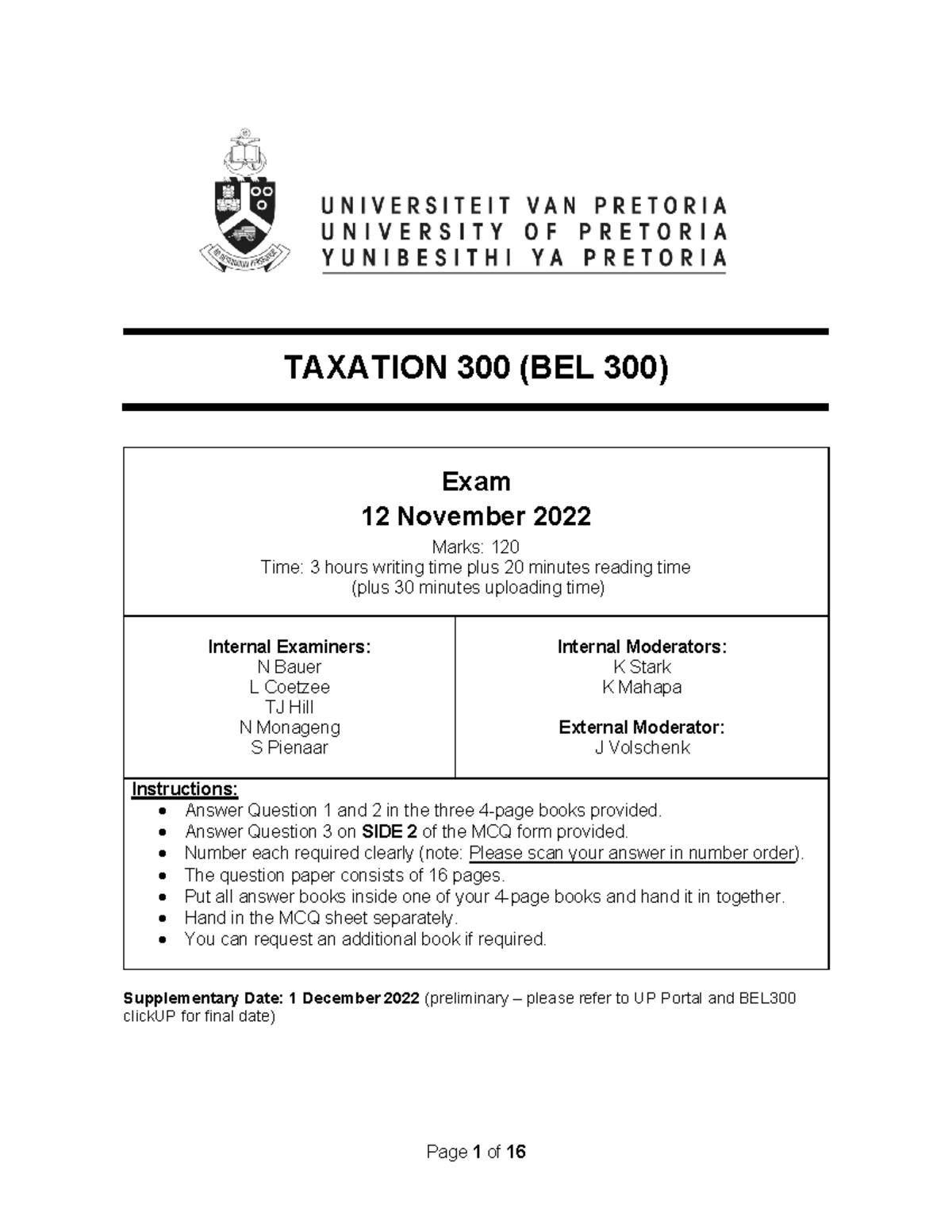 BEL300 Exam Question Final (not password protected) - TAXATION 300 (BEL ...