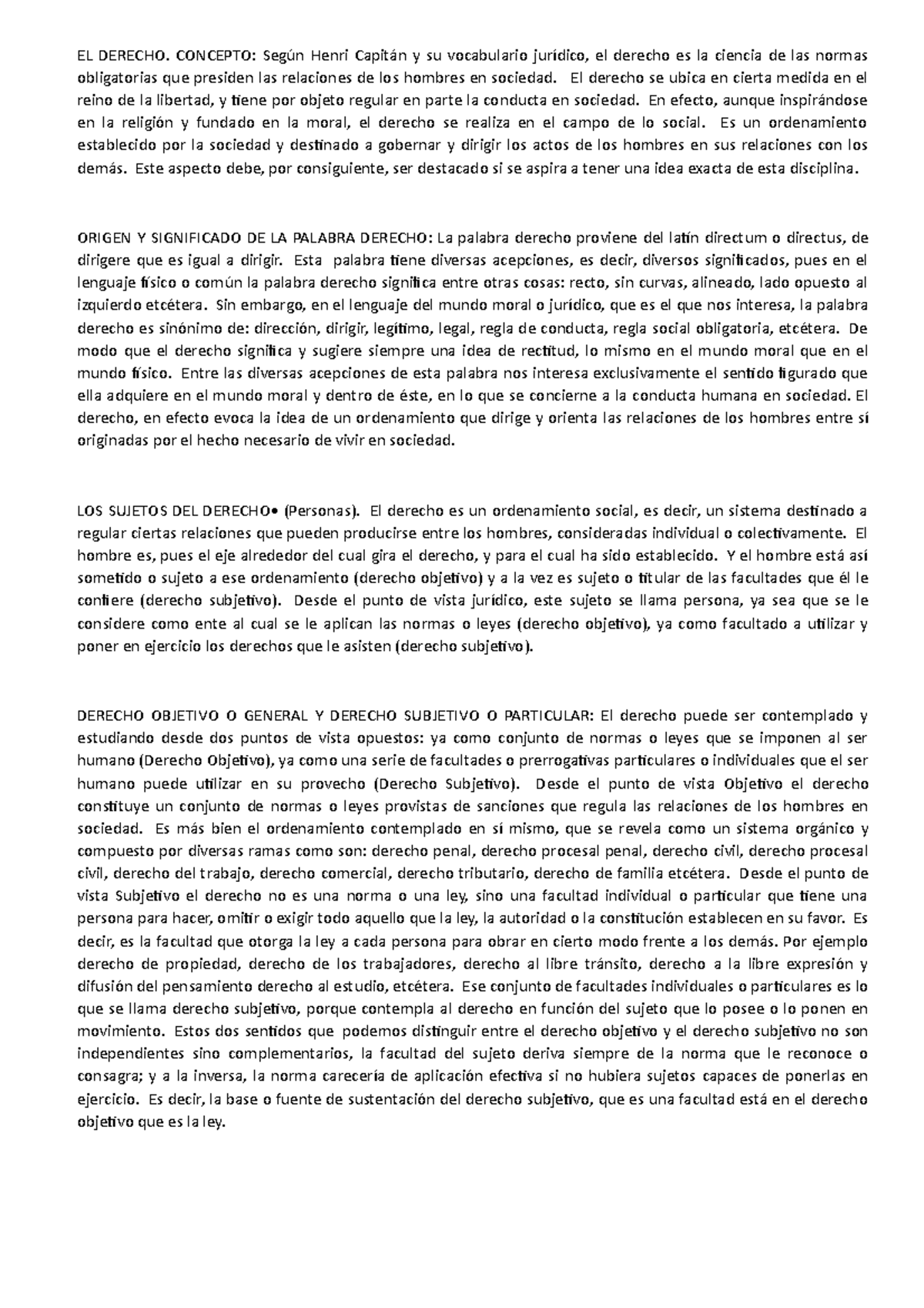 EL Derecho - Resumen - EL DERECHO. CONCEPTO: Según Henri Capitán y su ...