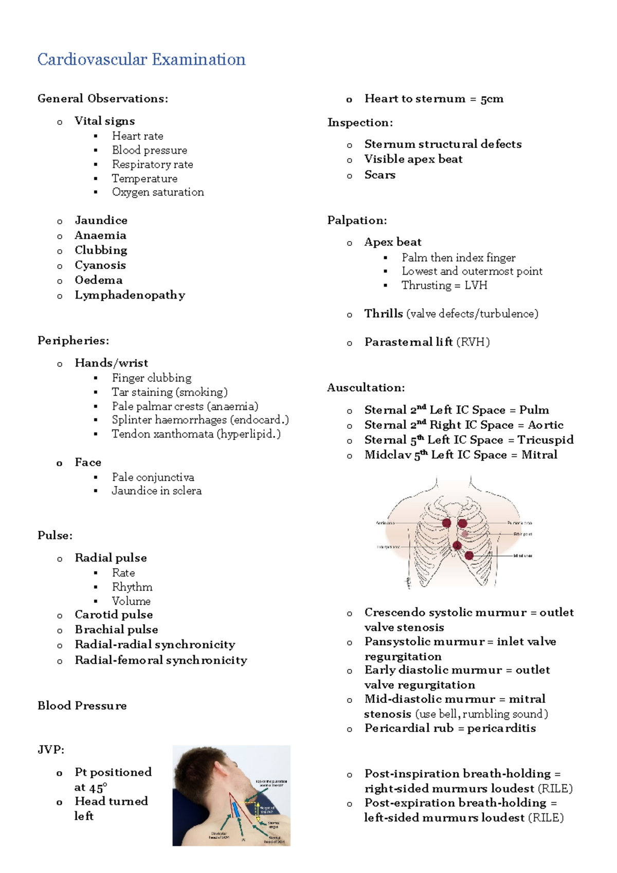 Examinations Checklist - Cardiovascular Examination General ...