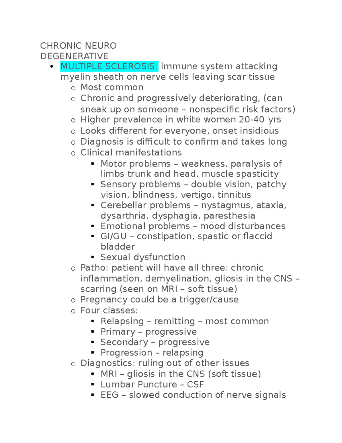 Chronic Neuro Study Guide - CHRONIC NEURO DEGENERATIVE MULTIPLE ...