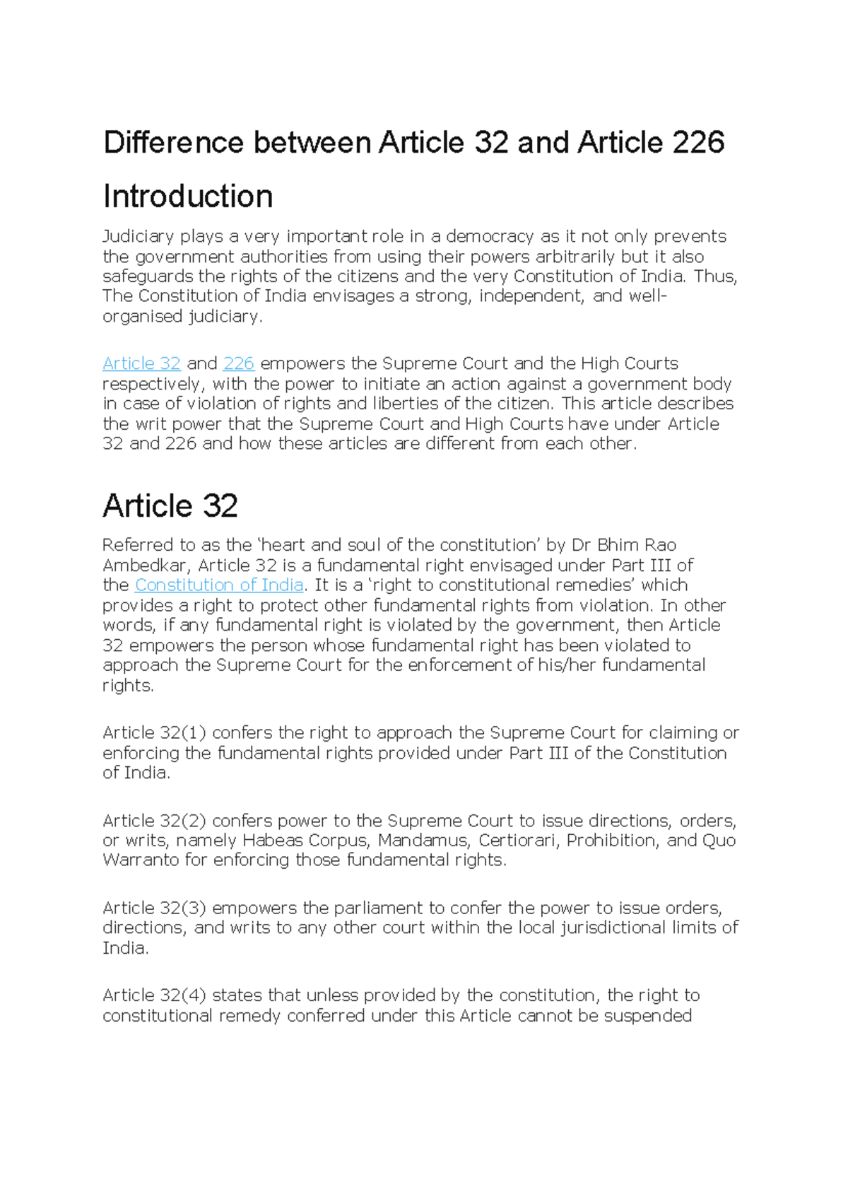Difference between Article 32 and Article 226 - Difference between Article 32 and Article 226 ...