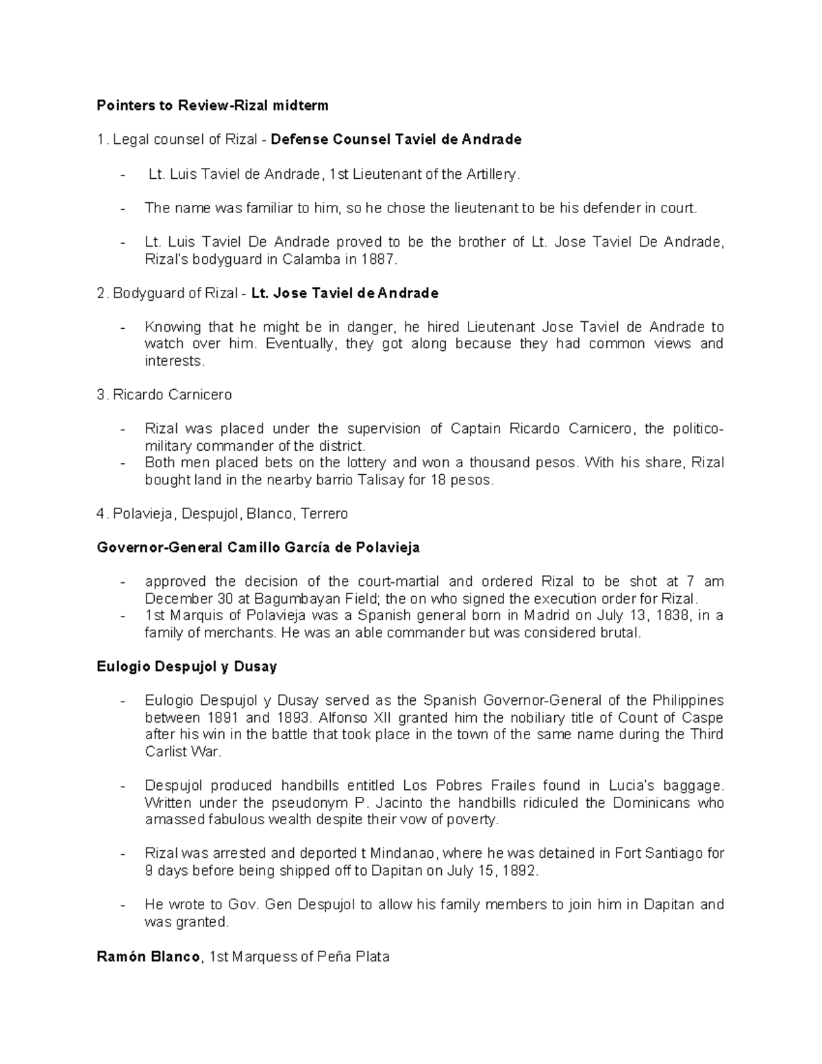 Pointers to Review Rizal midterm - Pointers to Review-Rizal midterm Legal counsel of Rizal ...