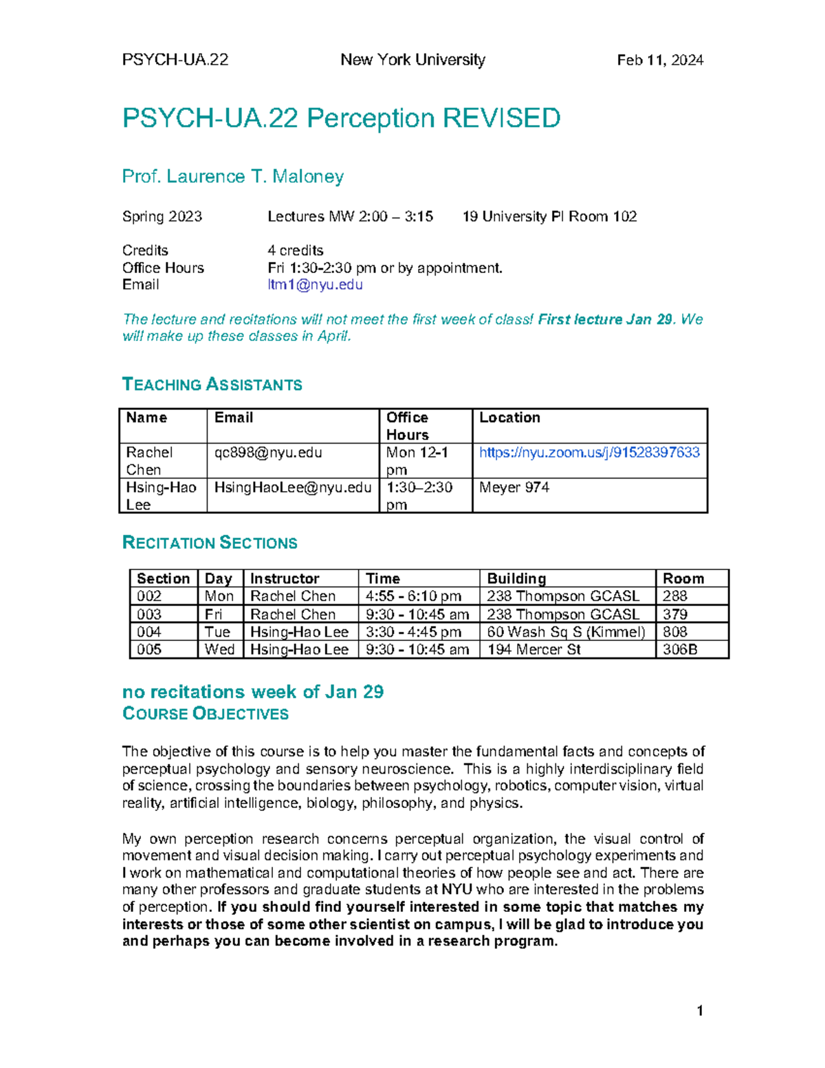 Syllabus.U22.Perception.2024 - PSYCH-UA Perception REVISED Prof. Laurence T. Maloney Spring 20 ...
